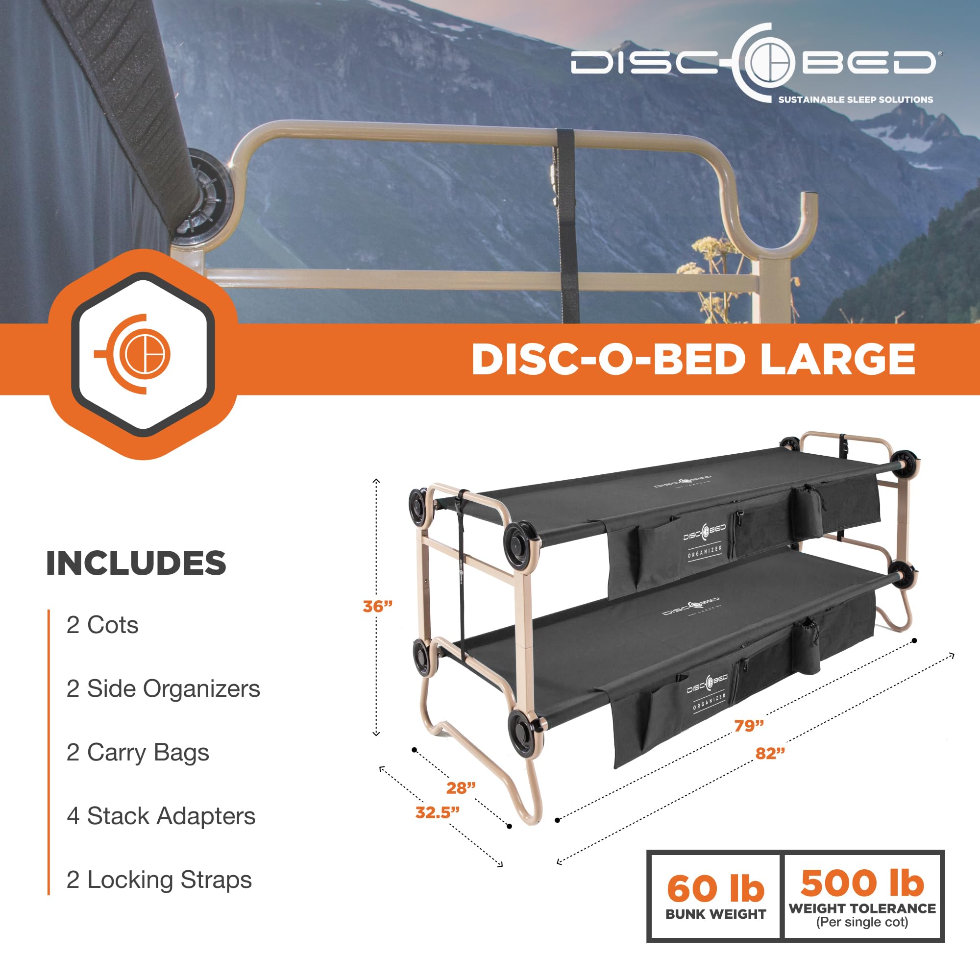 Disc-O-Bed Large, with 2 Side Organizers, Black
