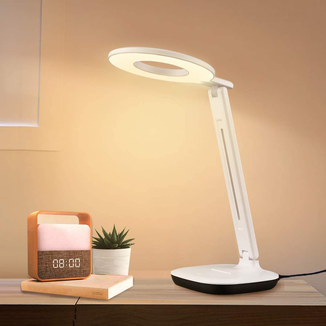 Fugetek LED Round Desk Table Lamp, Eye-Caring Dimmable, 54 Recessed LEDs, One Touch Sensor Panel, 3 Lighting Modes, Adjustable Angles, for Office, Home, Dorm, White