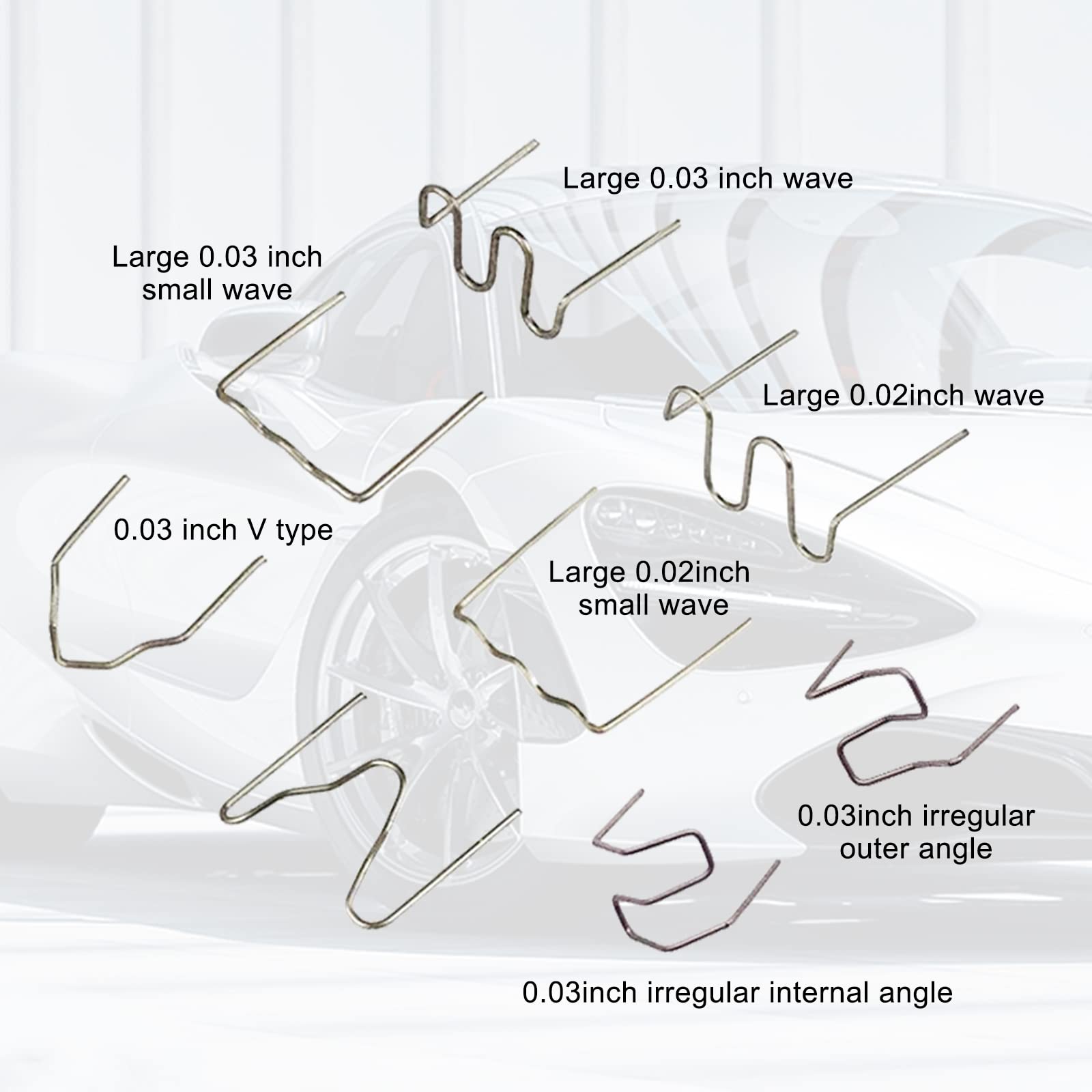 jeseny 300 PCS Welding Rods Hot Staple Automotive Plastic Repair Car Bumpers Machine Dashboards Lamp Holders Wave Flat V M 6 Types Plastic Wleding Kit Stainless Steel Staples 0.8 0.6 mm