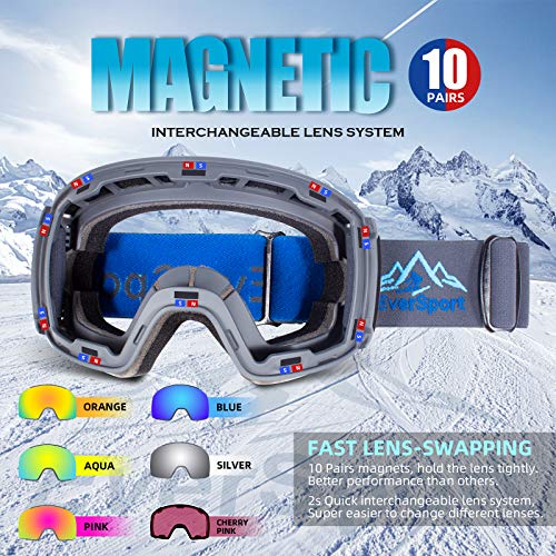 EverSport M81 Ski Goggles Pro, Magnetic Snowboard Snow Goggles for Women Men, UV Protection