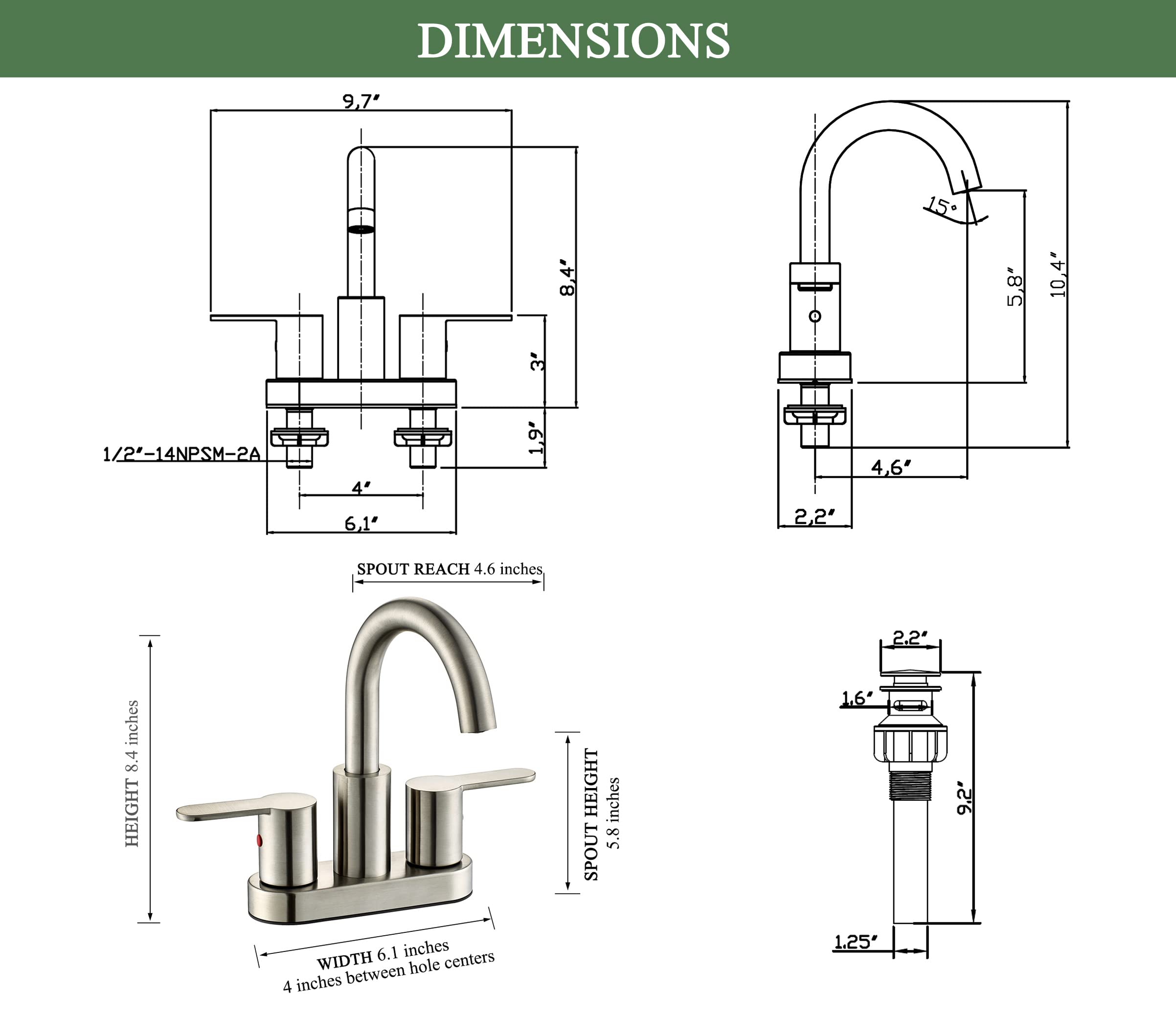 TimeArrow 2 Handle Centerset Bathroom Sink Faucet Brushed Nickel with Drain Assembly, High Arc Modern 4 Inch Bathroom Vanity Lavatory Faucet 3 Holes with Brass 360° Swivel Spout, TAF067E-BN