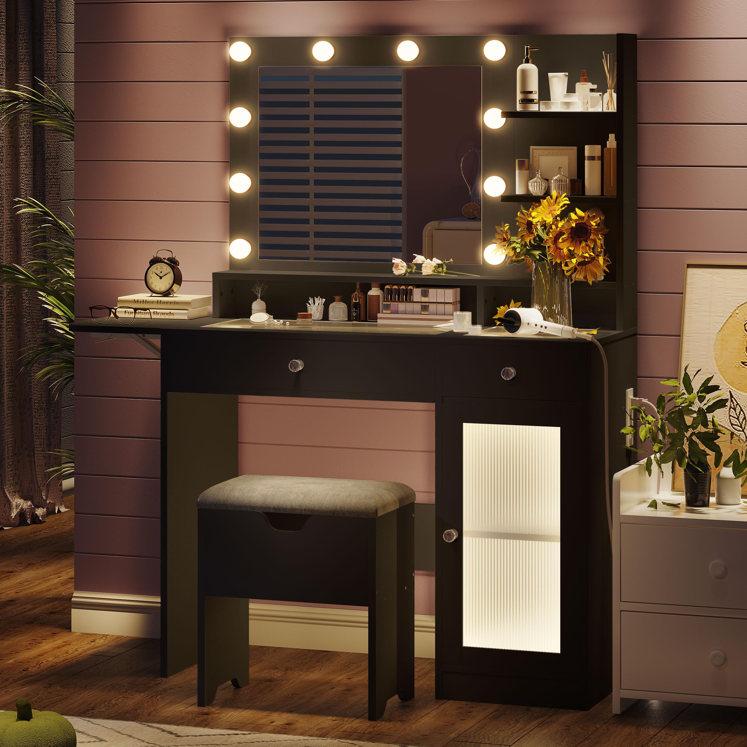 Fulhope Vanity Desk with Mirror and Lights, Chair & Outlet, Makeup Vanity with Lights, Black Vanity Table with 2 Drawers for Makeup Storage, Makeup Desk with Mirror for Bedroom, SZT-2