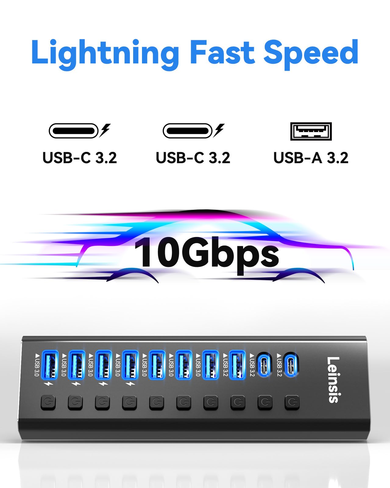 Powered USB Hub [Durable Aluminum] USB Hub 3.0 Powered, Individual Switch Buttons Smart Charging USB Port Expander Fit for External Hard Drive Electronics Gaming Laptop Desktop PC