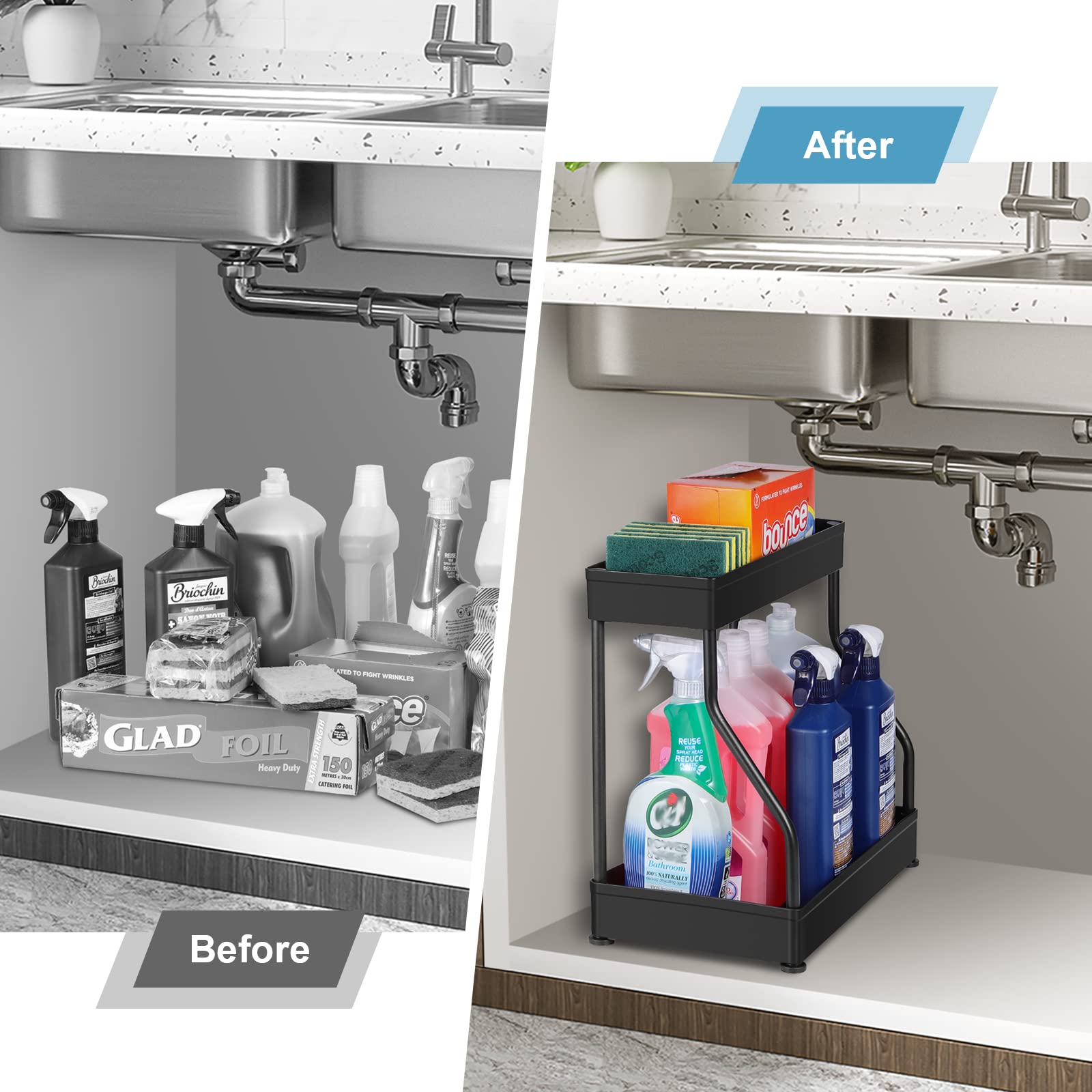 Heyzeibo Under Sink Organizers and Storage, 2 Tier Kitchen Organization with 4 Hooks and 1 Hanging Cup Multi-Use Under Sink Bathroom Organizer for Kitchen, Sink, Bedroom, Cabinet