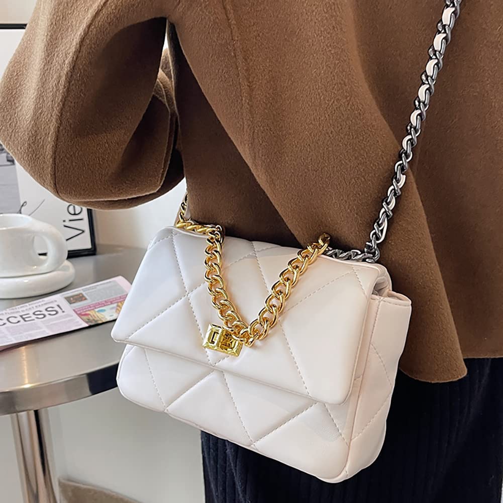 JRNDNIUO Small Quilted Crossbody Bag for Women White Shoulder Bag Trendy Designer Handbag Purses with Gold Chain