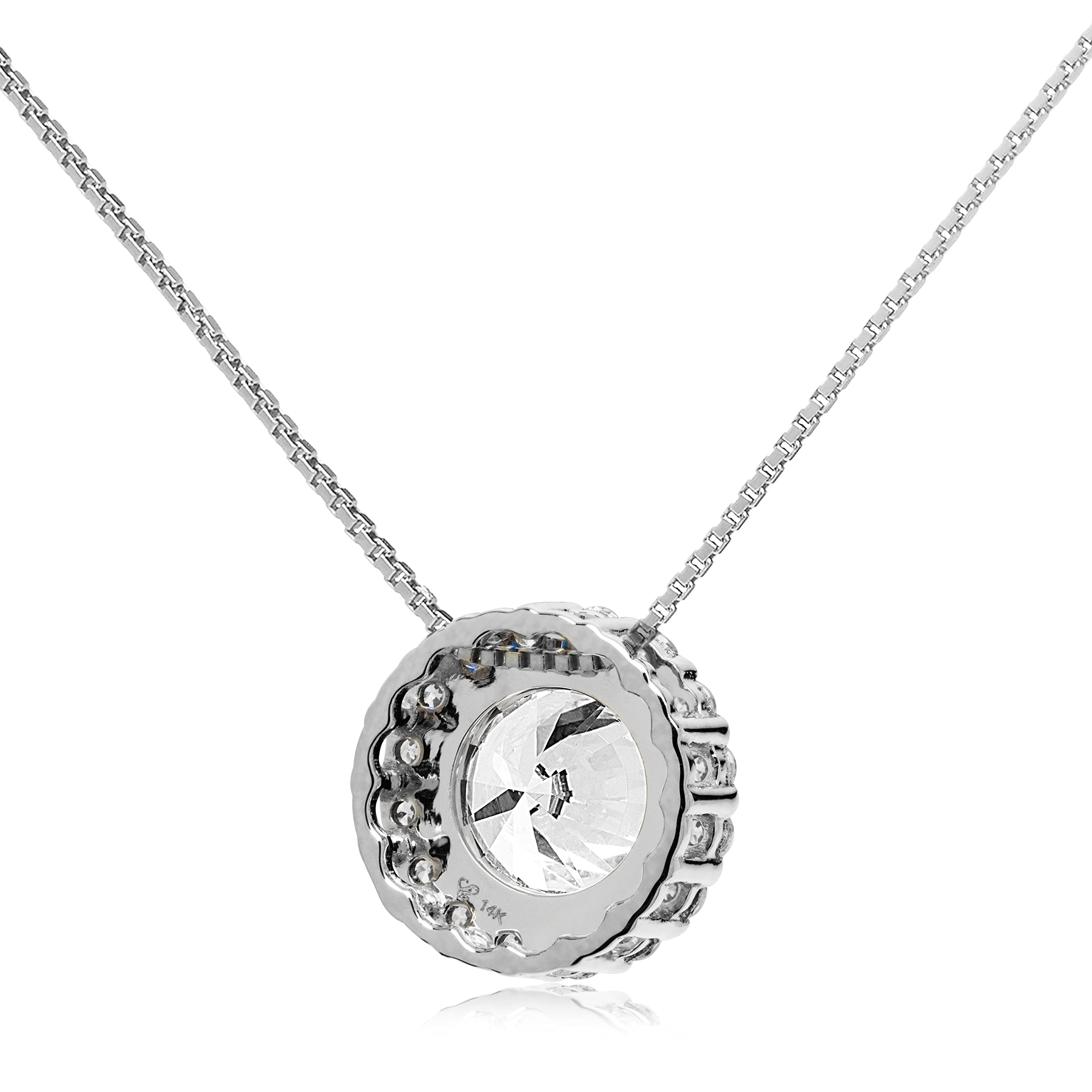 Everyday Elegance 14K Solid White Gold Pendant Necklace | Round Halo Cubic Zirconia Solitaire | 1.25 CTW | 16 Inch .60mm Box Link Chain | With Gift Box