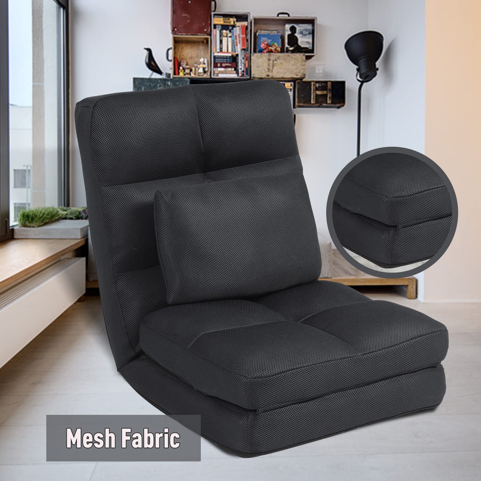 Urnodel Indoor Chaise Lounge Sofa, Floor Chair with Back Support for Adults, 14 Angle Adjustment Recliner Chair, Folding Floor Lounger with Pillow 8823(Grey)