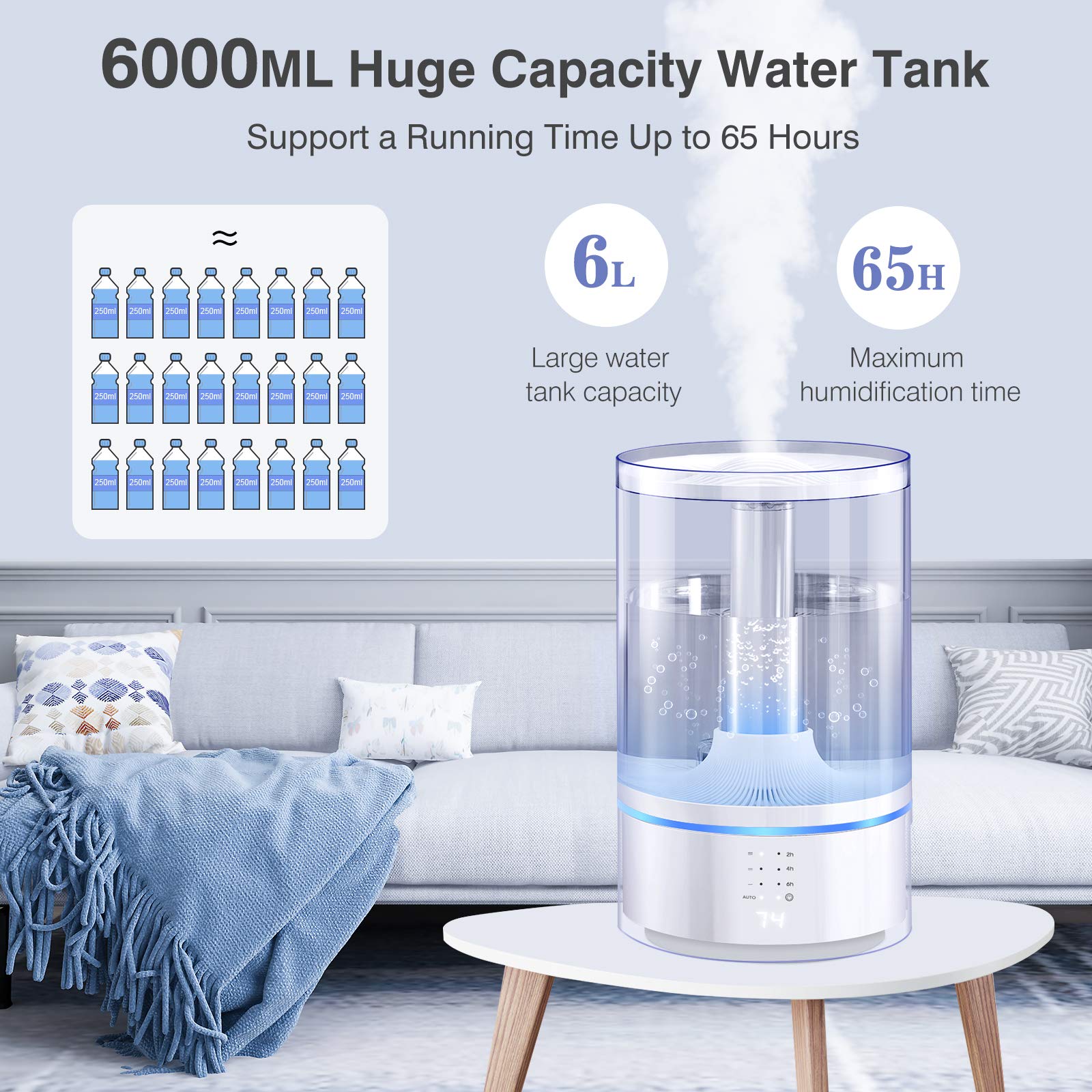 Gocheer Cool Mist Humidifier, 6L Ultrasonic Humidifiers for Bedroom Large Room, Essential Oil Diffuser Air Humidifier with Remote Control LED Display Auto Shut Off Auto Mode, Lasts Up to 65H (6L)