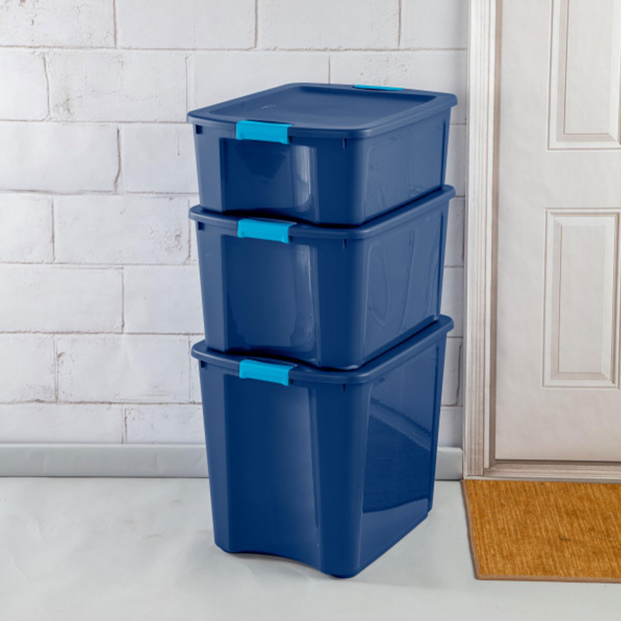 Sterilite 18 Gal Latch and Carry, Stackable Storage Bin with Latching Lid, Plastic Tote Container to Organize Closets, Blue with Blue Lid, 6-Pack