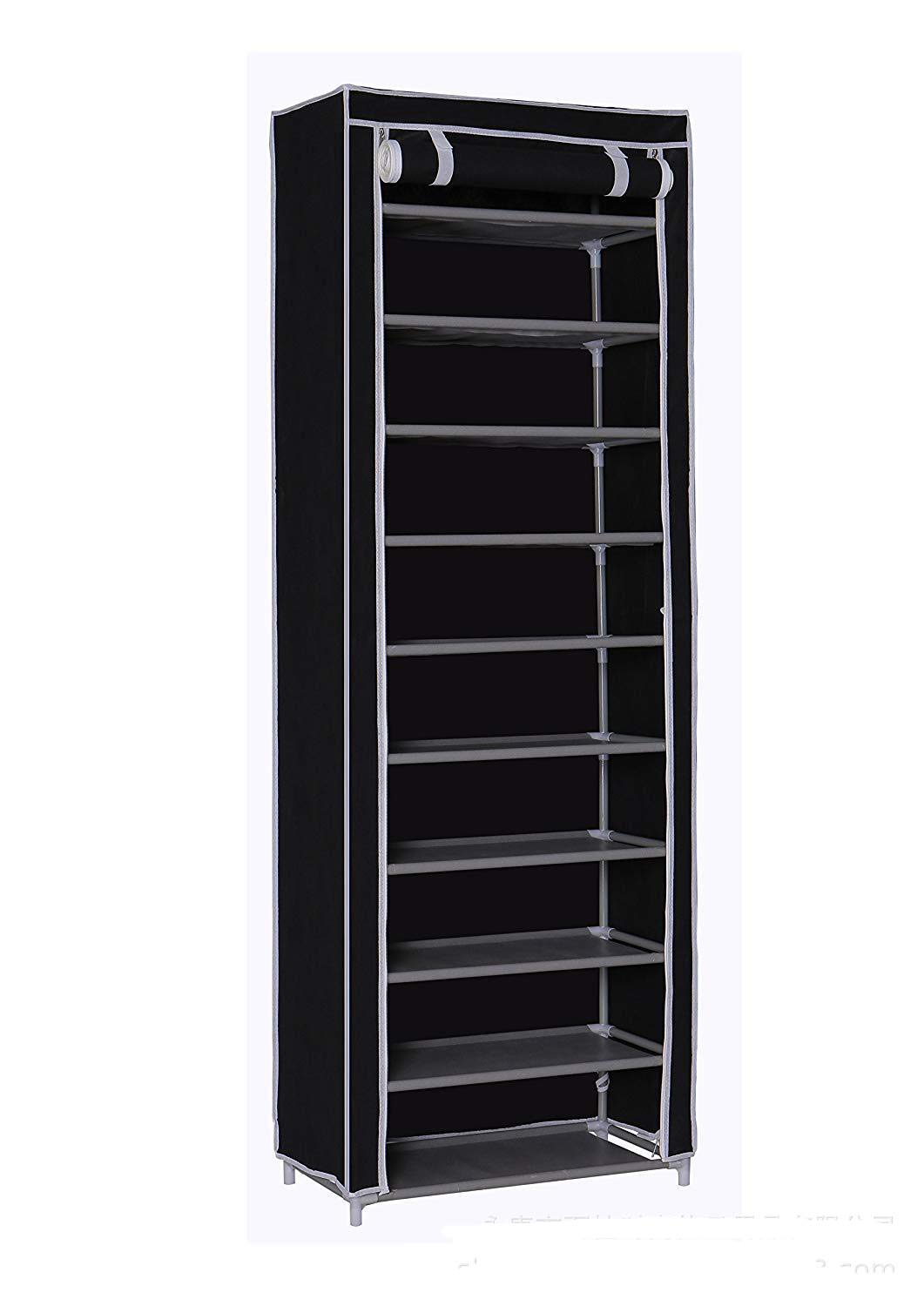 GREEF 10-Tier Large Shoe Rack with Dustproof Non Woven Fabric Cover Closet Shoe Storage Organizer Cabinet Shoe Tower for Entryway Bedroom Dorm Room Closet (Black)