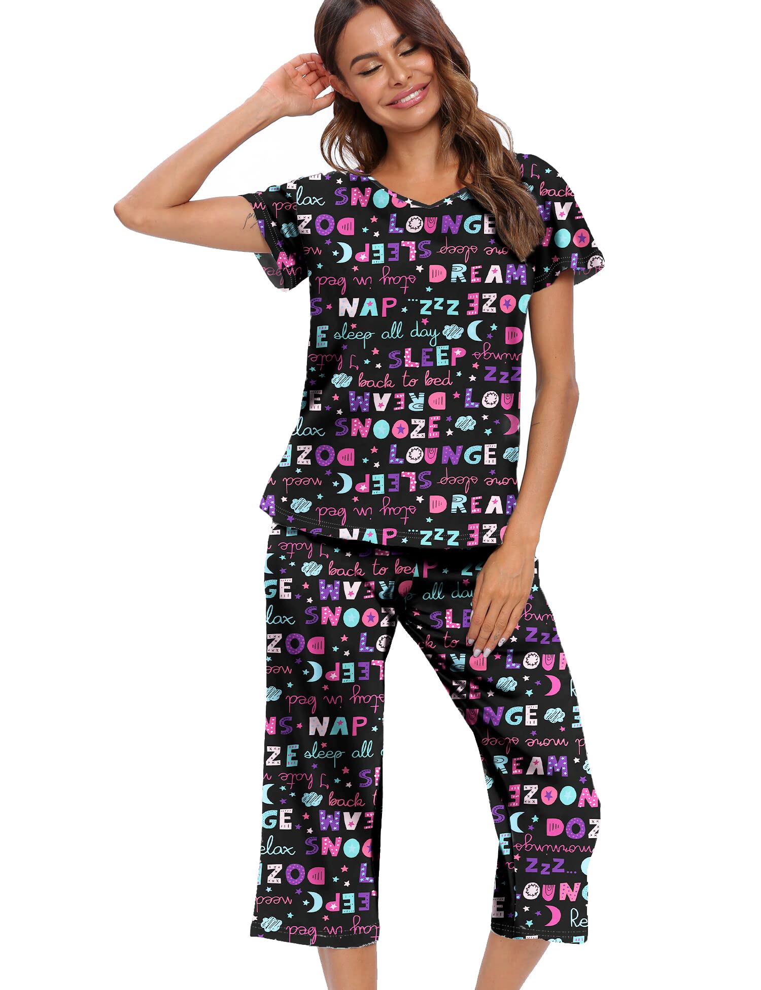 ENJOYNIGHT Women's Pajama Sets Cotton Sleepwear Tops with Capri Pants Summer Pjs (ABC, X-Large)
