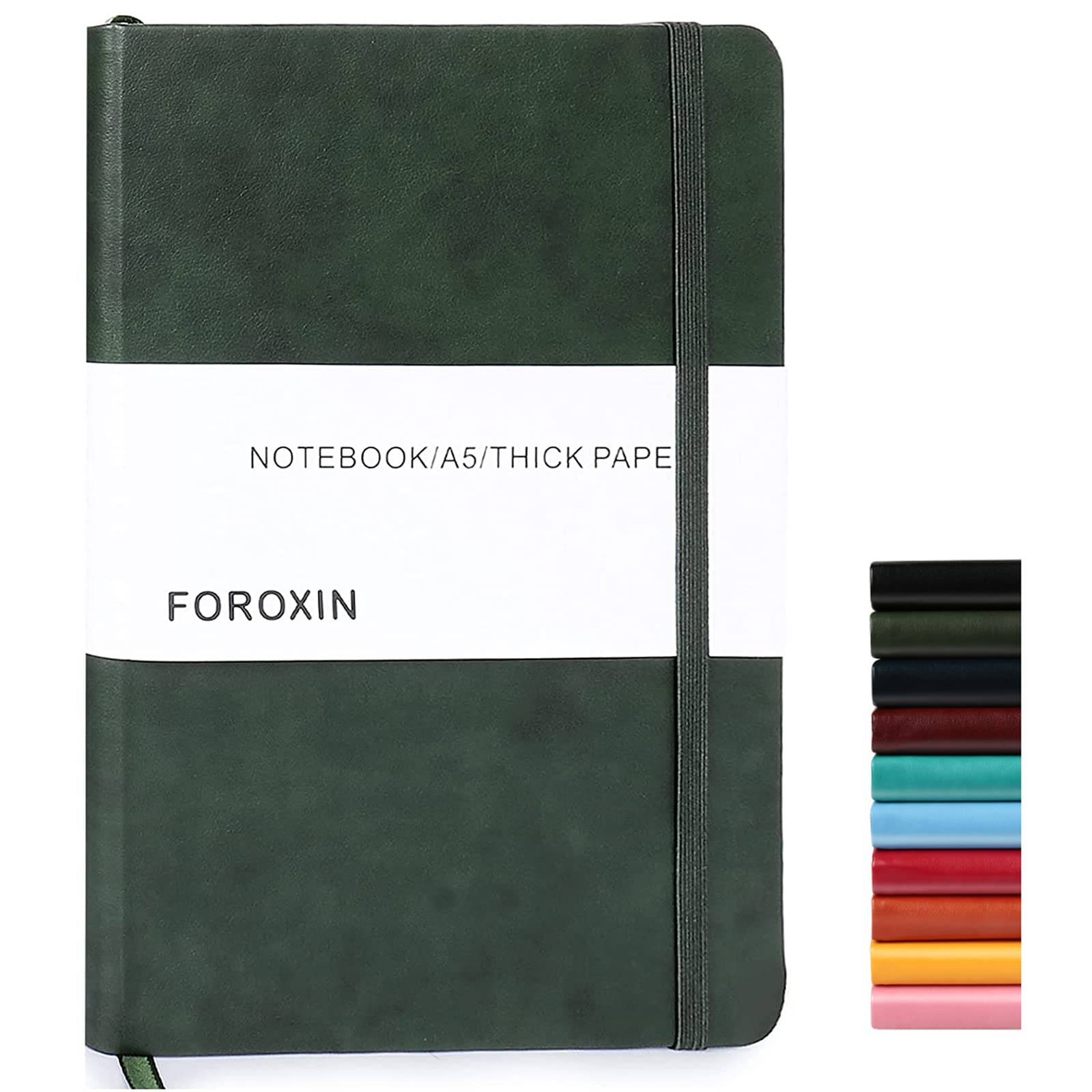 foroxin Lined Journal Notebook Dark Green Leather for Women Men 2 Pack 8.3 x 5.7 Large College Ruled 192 Pages 80gsm Hardcover Notebooks Work Home School with Elastic Band Closure and Ribbon Bookmark