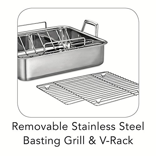 Tramontina 16.5-Inch Stainless Steel Deep Roasting Pan with Basting Grill and V-Rack, Turkey Roaster for Oven, Dishwasher Safe, Made in Brazil