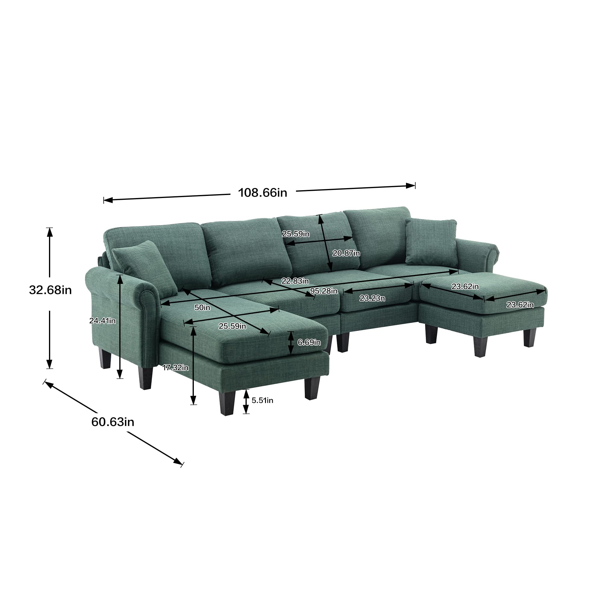 OUYESSIR U-Shaped Sectional Sofa Couch, 4 Seat Sofa Set for Living Room, Convertible L-Shaped Linen Couch Set with Chaise Lounge, Ottoman and Pillows,109 inches (Emerald Green)