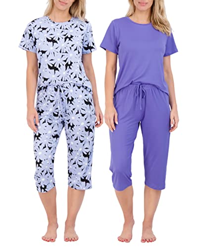 Real Essentials 2 Pack: Womens Short Sleeve Shirt Capri Sweat pants Pajama Sets Pajamas Soft PJ Women Two Piece Matching Pants Top Loungewear Sleep Wear Sexy Summer Bottoms Pijamas Ladies - Set 2, M
