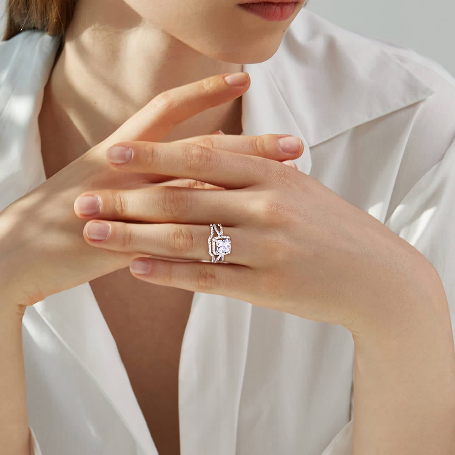 Gemsme 18K White Gold Plated Two-in-One Wedding Engagement Eternity Rings Cubic Zirconia Bridal Rings Set 9