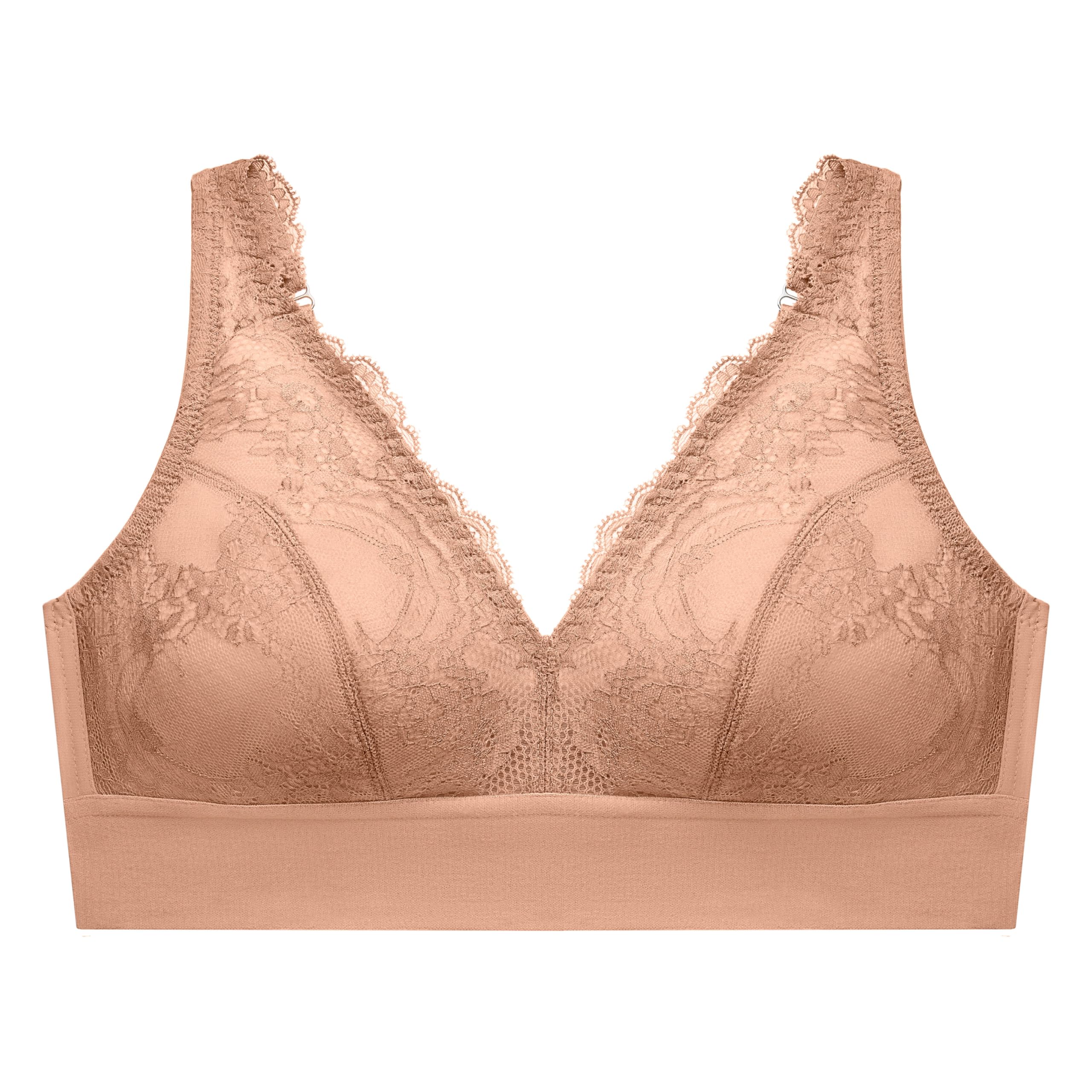 Full Figure Plus Size Bramour Lexington Lace Plunge Bralette Wirefree #7013 Cappuccino