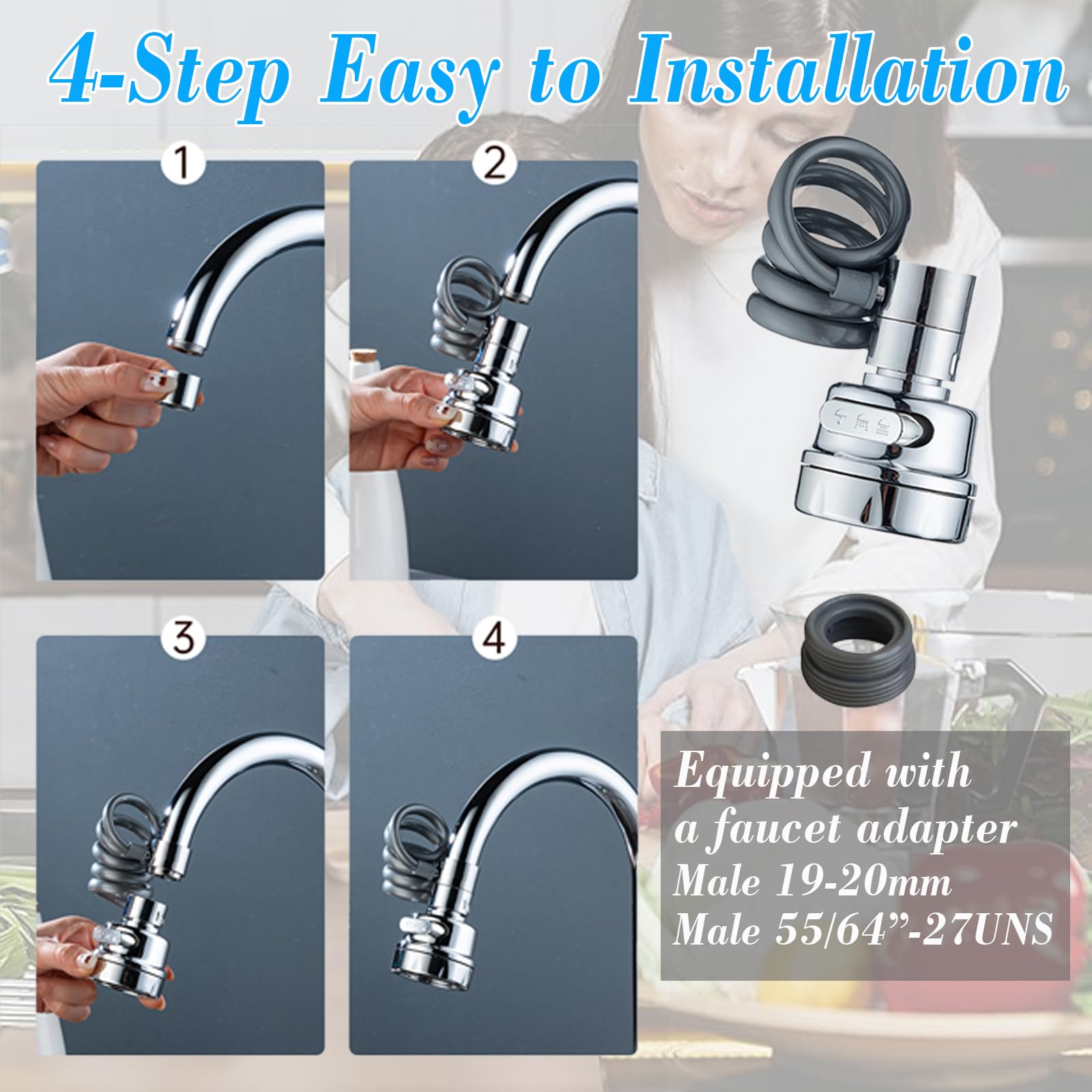 Kitchen Sink Sprayer, Sink Sprayer Attachment for Faucet, Faucet Sprayer Attachment, Faucet Extender Aerator with Stretchable Hose, Kitchen Water Saving Sink Sprayer, 3 Water Outlet Modes