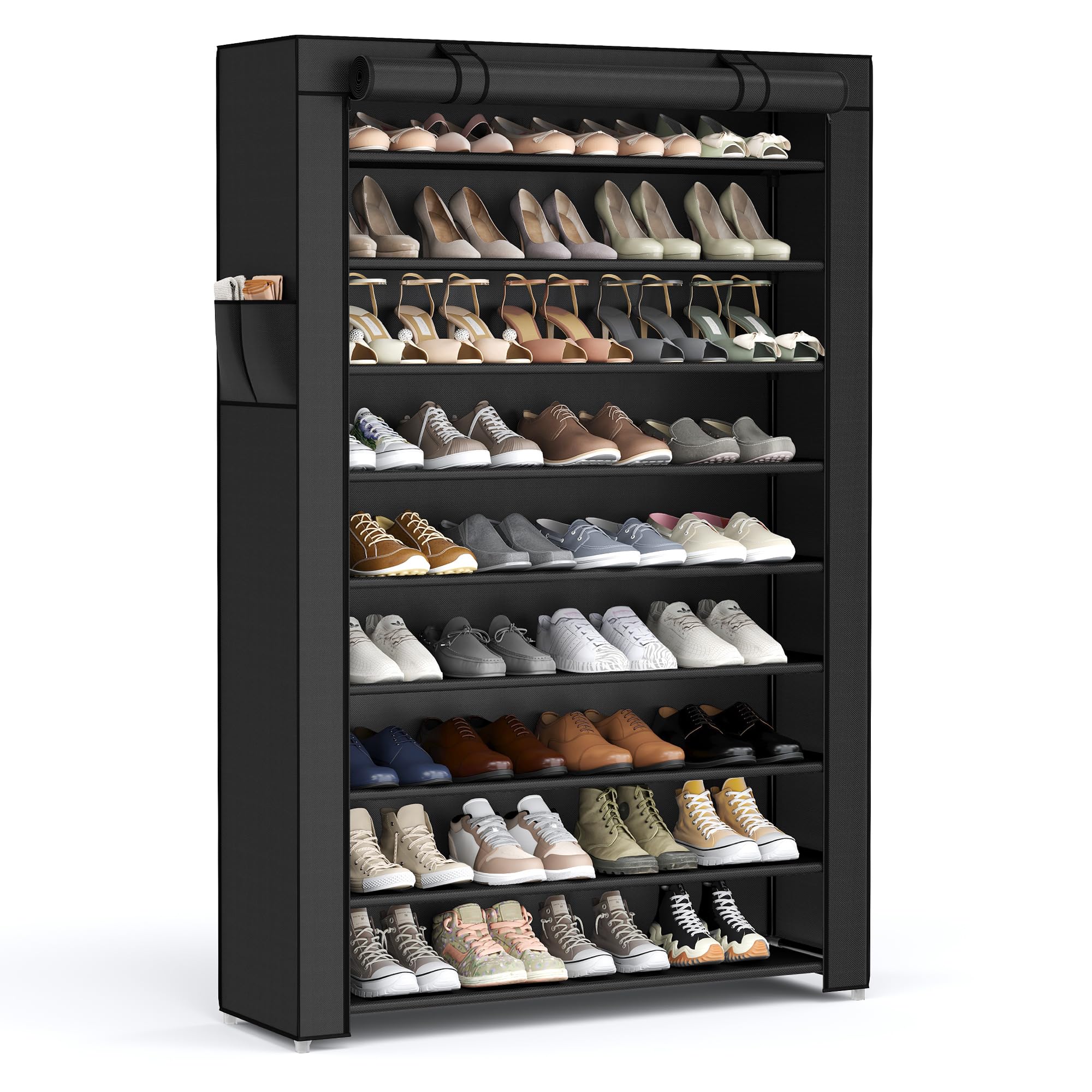 SONGMICS Shoe Rack, 9 Tier Shoe Organizer with Nonwoven Fabric Cover, Shoe Storage Shelf for 40-50 Pairs of Shoes, Entryway, Suitable for Sneakers, High Heels, Flats, and Boots, Black URXJ36HV1