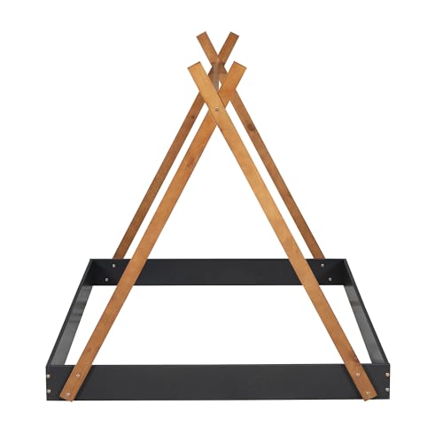 RORIGAT Full Floor Bed for Kids,Full Teepee Bed Frame with Triangle Structure,Wood Floor Bed for Bedroom Furniture,Box Spring Not Required,Black+Brown