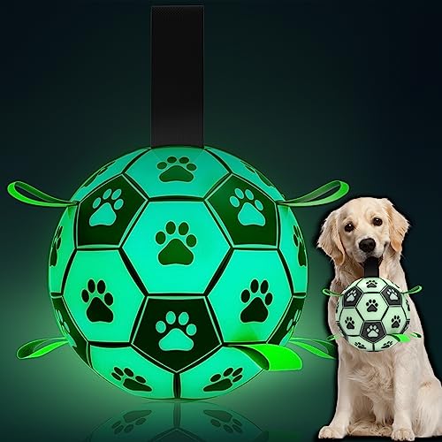 QDAN Glow in The Dark Dog Toys Soccer Ball with Straps, Interactive Dog Toys Puppy Birthday Gifts, Dog Tug Water Toy, Indoor/Outdoor Light Up Dog Balls for Small & Medium Dogs(8 Inch Size 3)