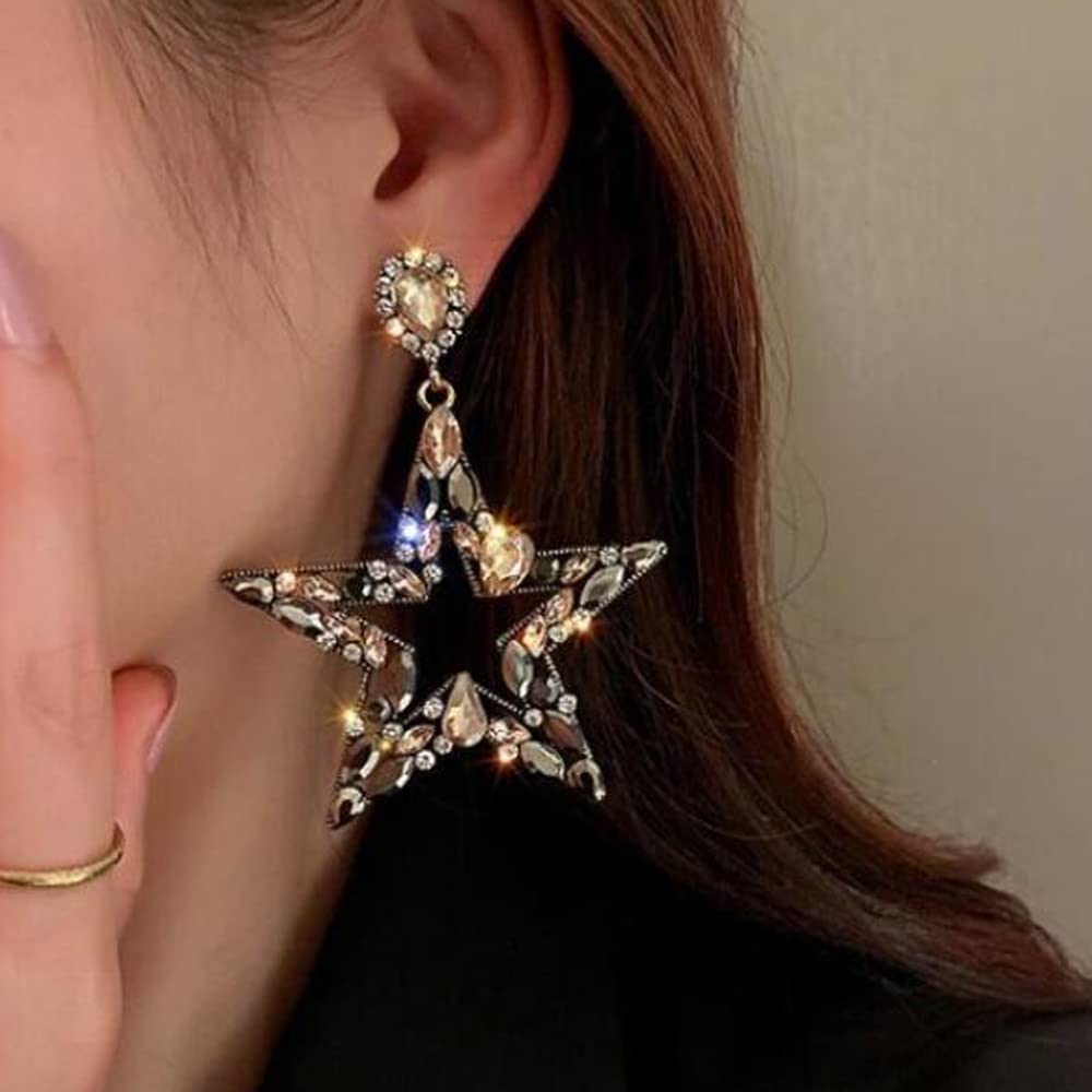 Missgrace Gold Women's Long Sparkling Crystal Drop Earrings Star Rhinestone Dangle Earrings for Bridal Wedding Party Jewelry