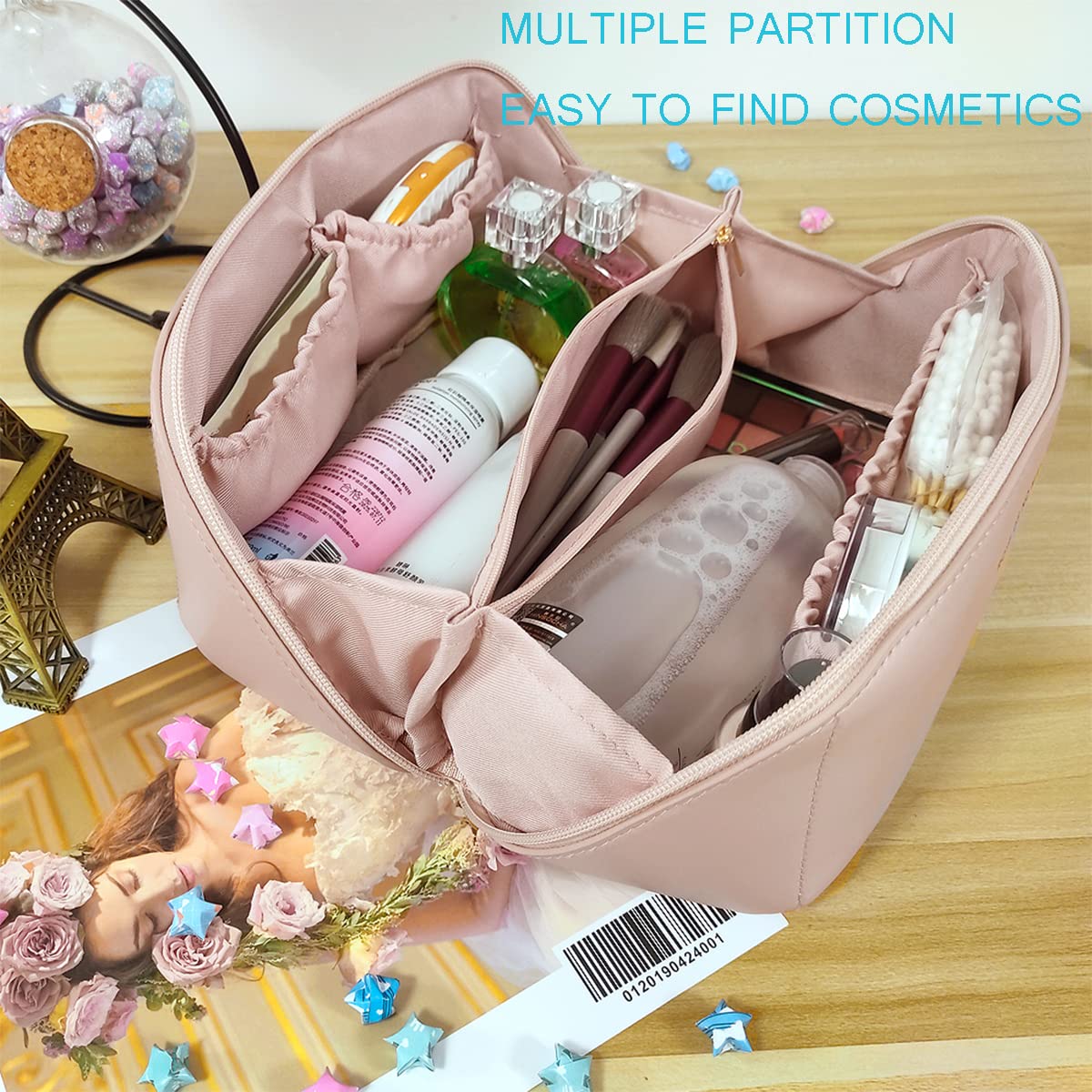 ISENSHI Large Capacity Cosmetic Travel Bag for Easy Access, Waterproof Bag for Makeup, Toiletry, Skincare, Cosmetics With Handle and Divider (Pink)