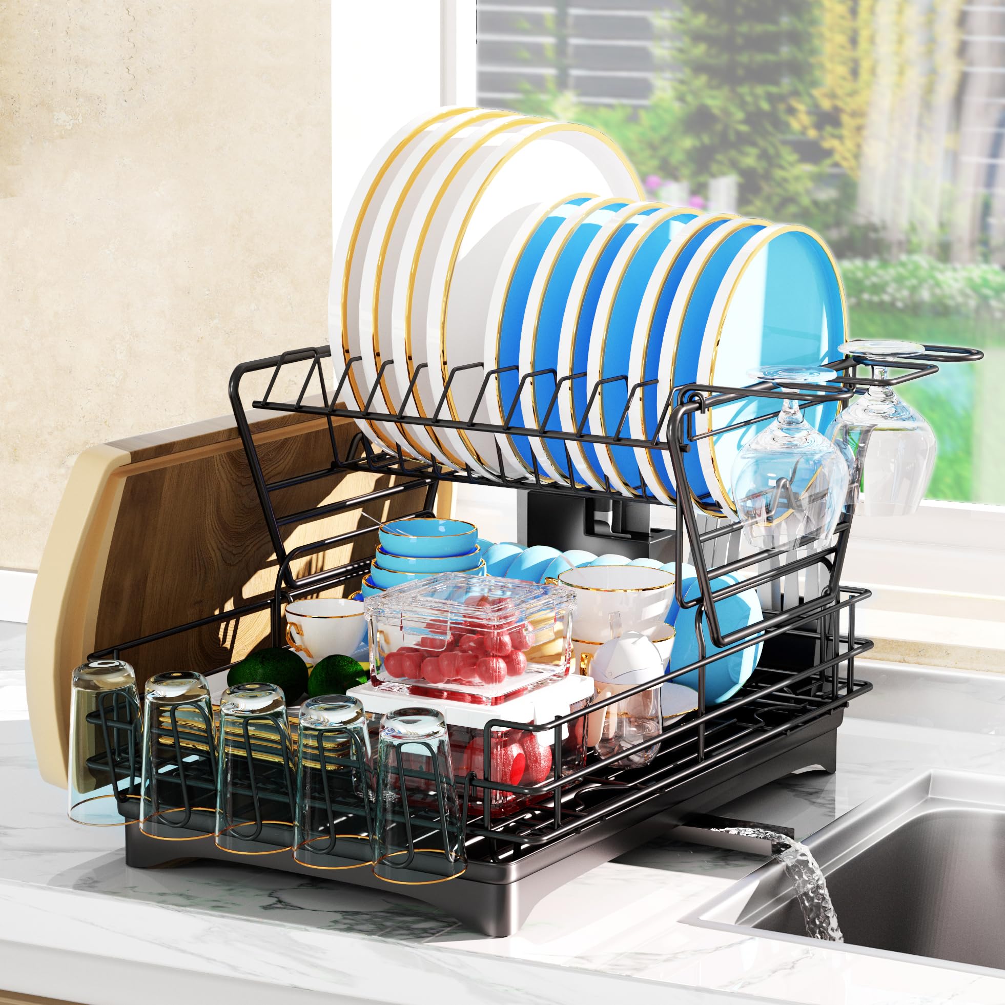 Dish Drying Rack for Countertop -Rustproof Space-Saving & Multipurpose 2-Tier Dish Rack for Kitchen Counter with Utensil Holder, Large-Capacity, Black