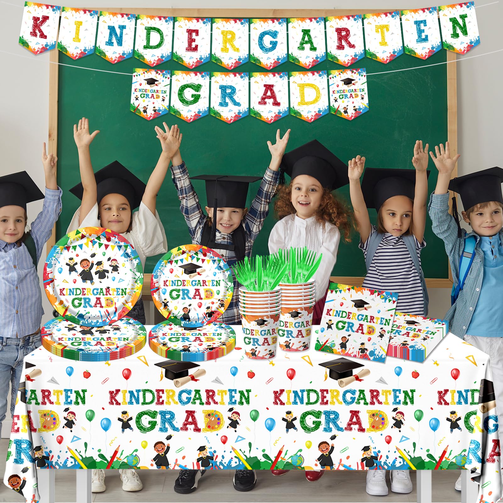Happy Kindergarten Graduation Tableware Decoration- 142Pcs Kindergarten Tableware Set Include Plates, Napkins Banner Service for 20 Guests Congrats Grad Party Supplies (Tableware)