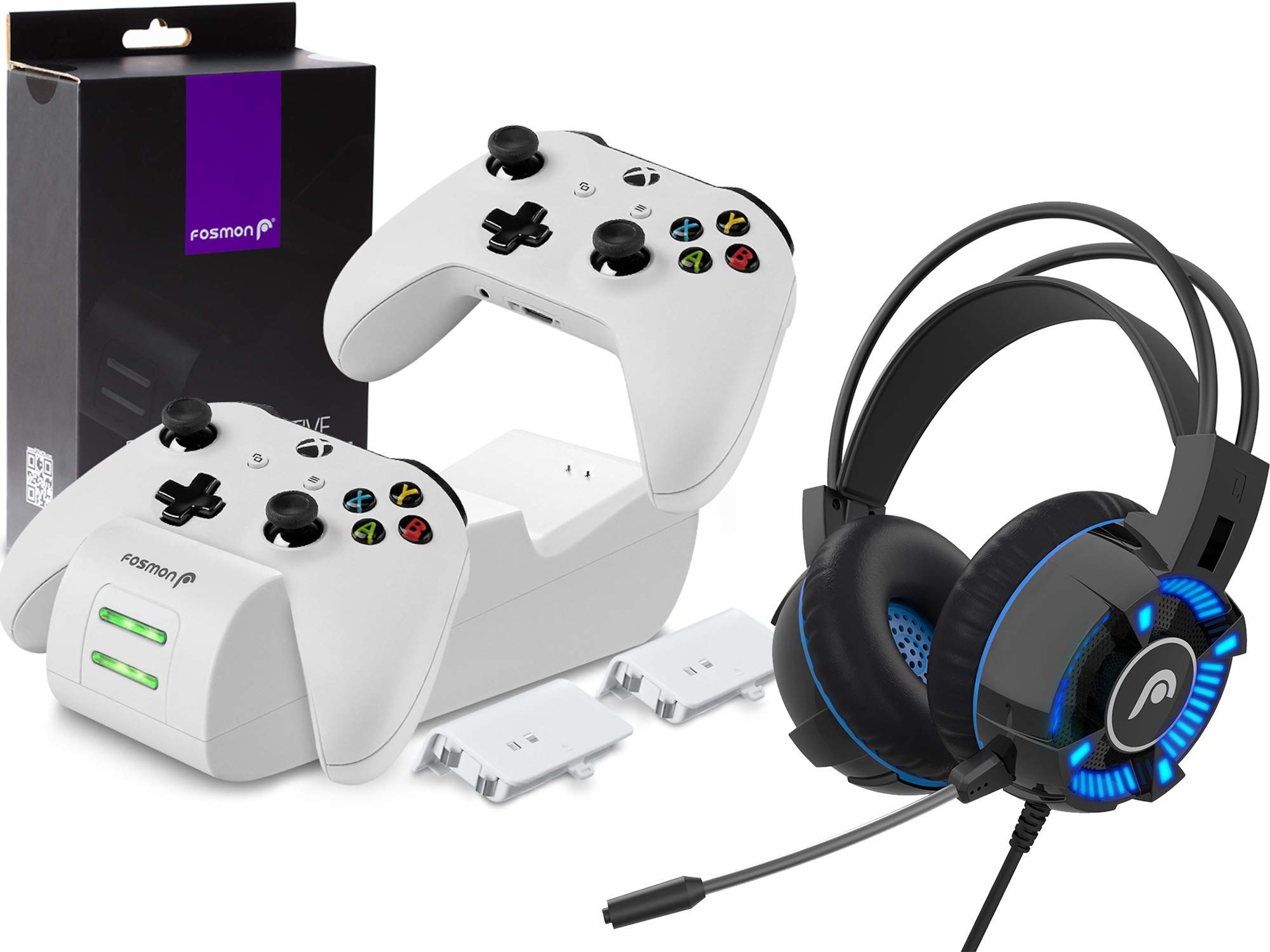 Fosmon Dual Controller Charger with 2 Rechargeable Batteries and Gaming Headset with Mic Compatible with Xbox One/One X/One S Elite (Not for Xbox Series X/S 2020) Controllers