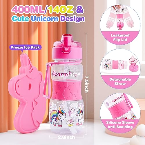 QearFun Insulated Unicorn Lunch Bag Bento Box for Girls,Lunch Box Set with 4 Compartment Bento Box Water Bottle Ice Pack Salad Container Food Picks,Perfect Kids Lunch Boxes for School Age 7-15
