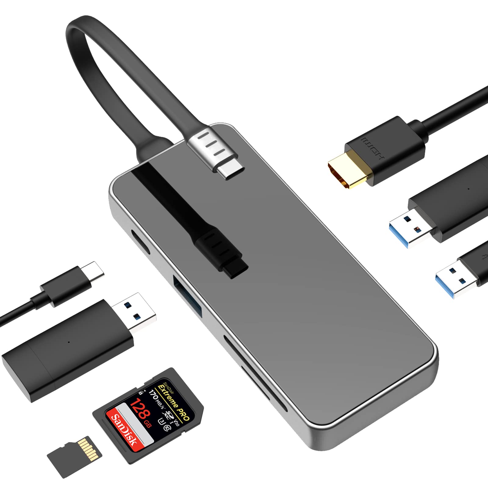 USB C Hub, 4K@60Hz HDMI USB C Docking Station, 7 in 1 USB Hub with 3 USB-A 5Gbps, PD 100W, TF/SD Card Reader, USB C Adapter Compatible for iPhone 15/Mac/Dell/Acer/HP/ASUS/Steam Deck/Rog Ally