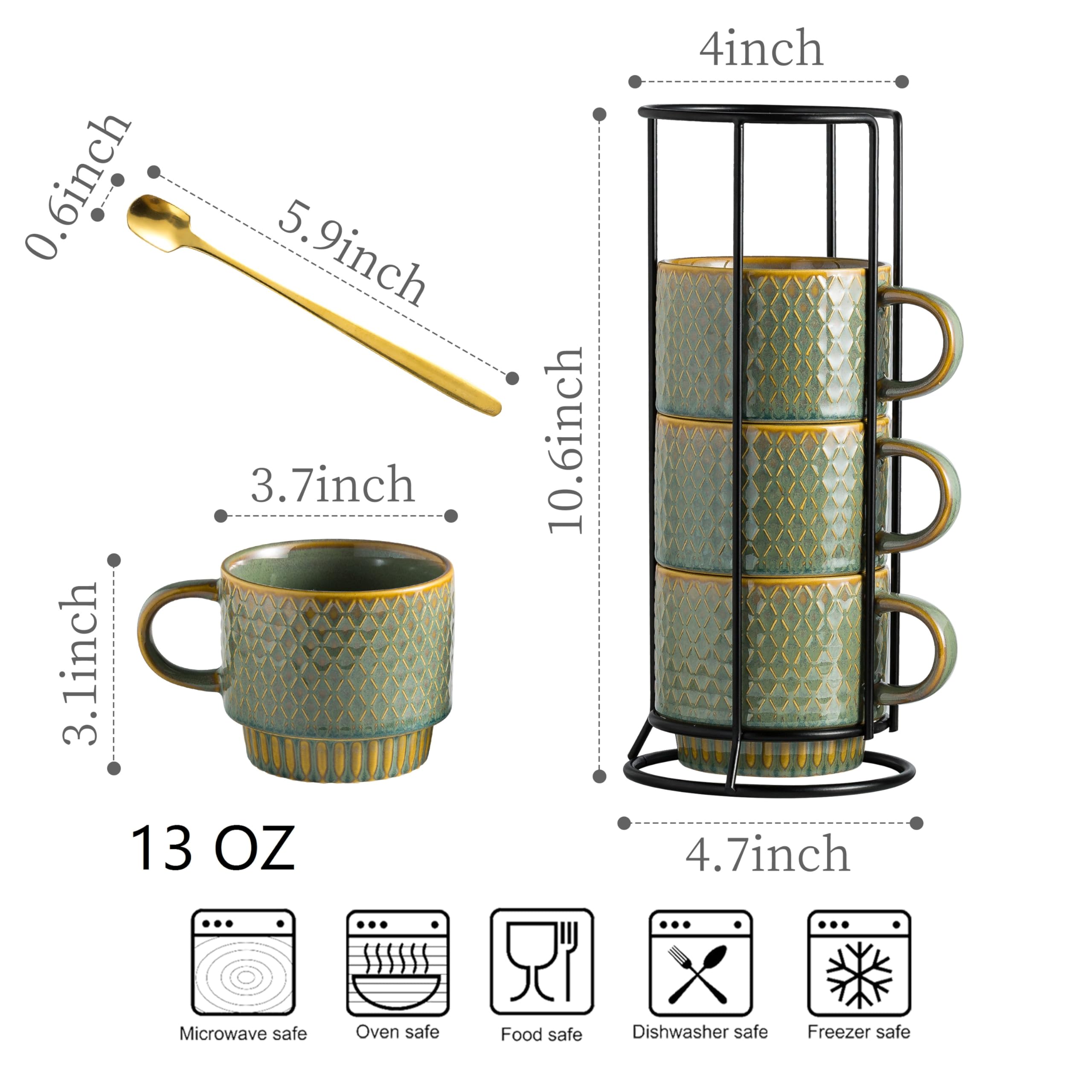 LYEOBOH Coffee Mug, Coffee Mugs Set of 4, Stackable Coffee Mugs with Rack and Spoons - 13 Oz Coffee Cup Set with Stand, Ceramic Coffee Mugs for Home & Kitchen, Blue and Green