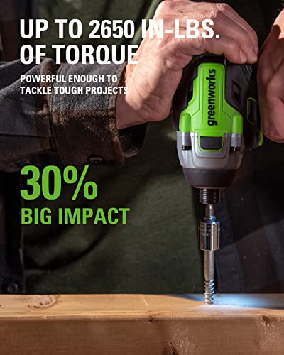 Greenworks 24V Brushless Cordless Impact Driver Kit, 2650 in./lbs Torque 1/4-inch Hex, Variable Speed Impact Drill/Driver Set, Included Power Bank, Bits and Tool Bag