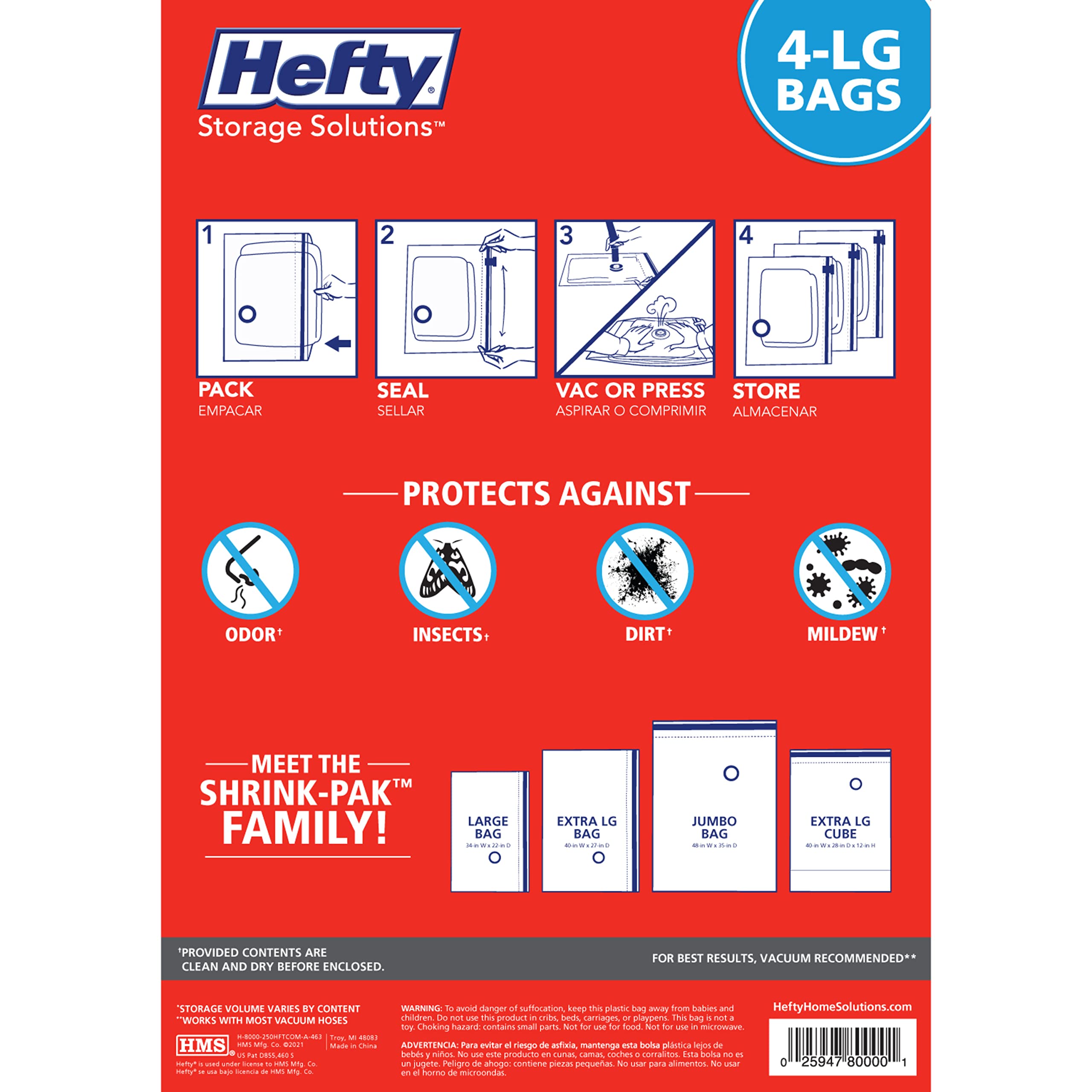 Hefty Shrink-Pak - 4 Large Vacuum Storage Bags for Storage for Clothes, Pillows, Towels, or Blankets - Space Saver Vacuum Sealer Bags Ideal Under Bed Storage Solutions