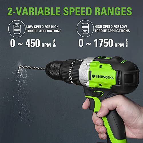 Greenworks 24V Brushless 1/2" Hammer Drill (Metal Chuck / 530 in.-lbs. / 20+3 Clutch / LED Light) + 5 PC Drill Bits, 2.0Ah Battery and Charger Included