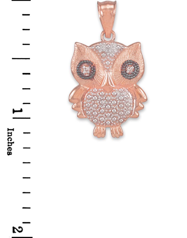 Fine 14k Two-Tone Rose Gold Diamond Owl Charm Pendant