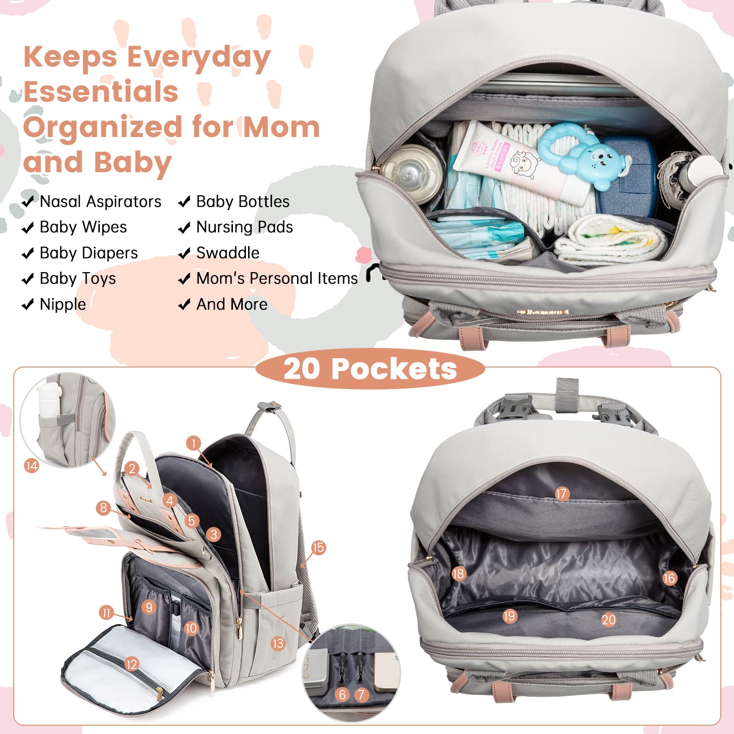LOVEVOOK Diaper Bag Backpack, Multifunction Baby Bags for Girls, Large Travel Flap Diaper Backpack Nappy Bag with Pacifier Case & Stroller Straps, Diaper Bag with Changing Pad for Baby, Grey Pink
