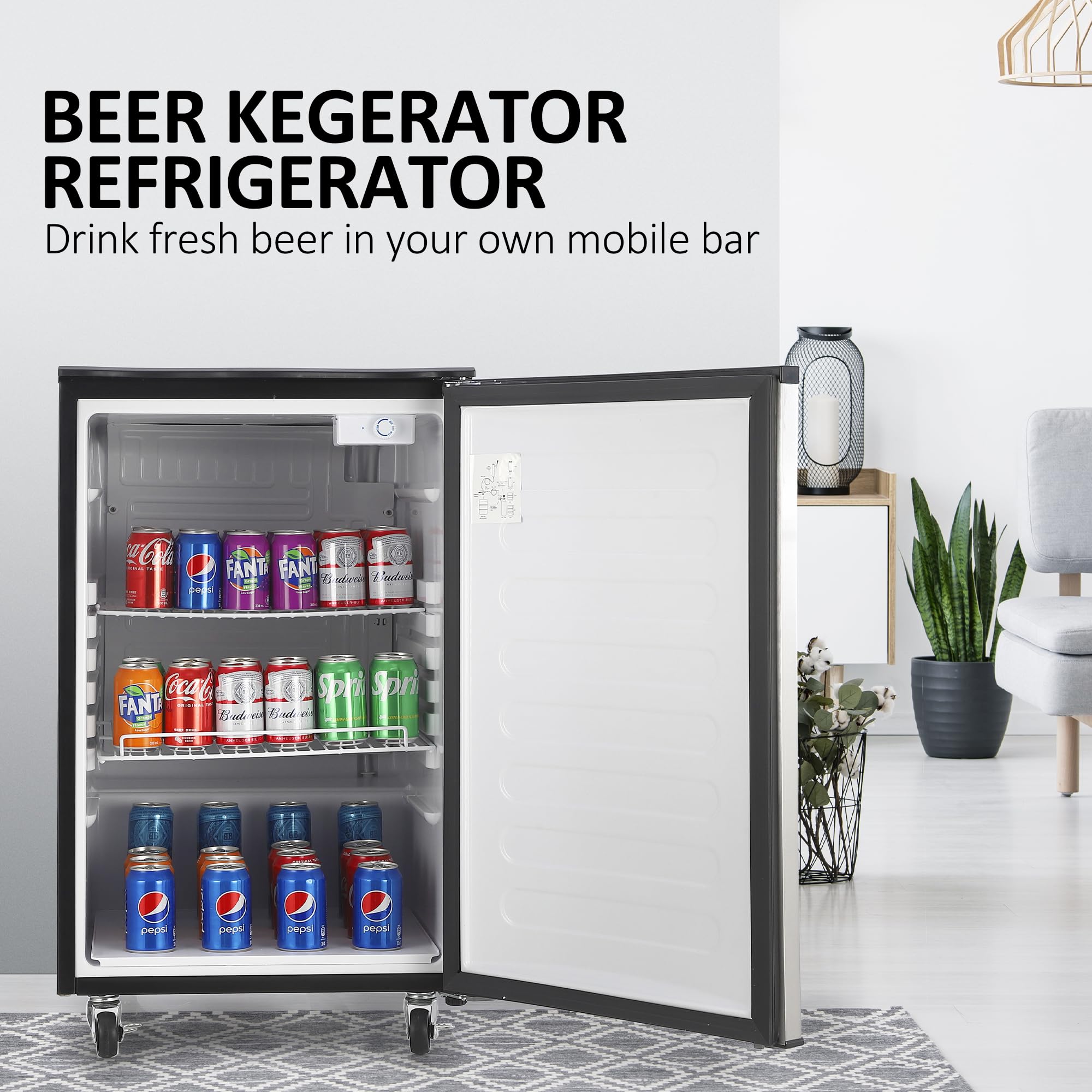 PioneerWorks Beer Kegerator, Single Tap Draft Beer Dispenser, Full Size Stainless Steel Keg Refrigerator With Drip Tray, CO2 Cylinder, 32°F- 50°F Temperature Control, 128L