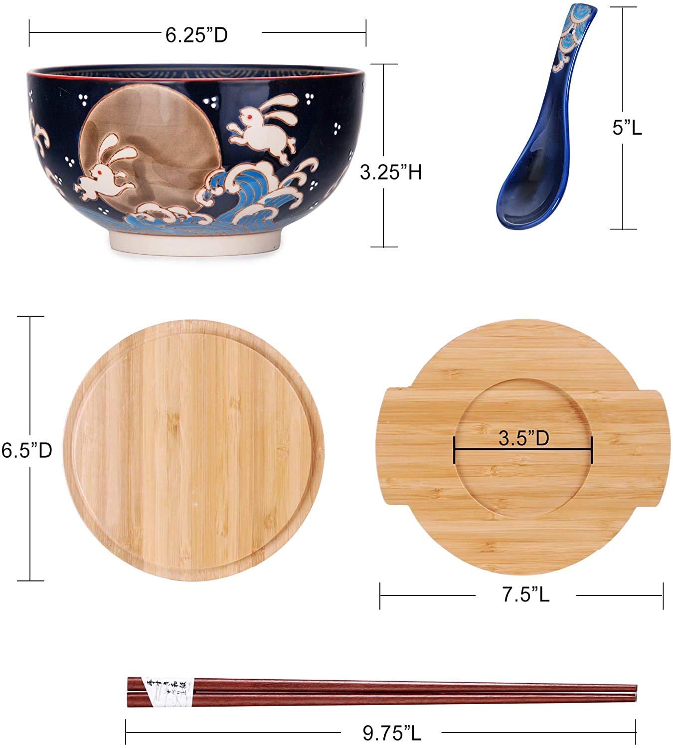 Happy Sales, Japanese Kamameshi Vintage Style Rice Noodle Ramen Bowl with Bamboo Lid Trivet Chopsticks and Porcelain Spoon Bowl Set (BlueRabbitMoon)