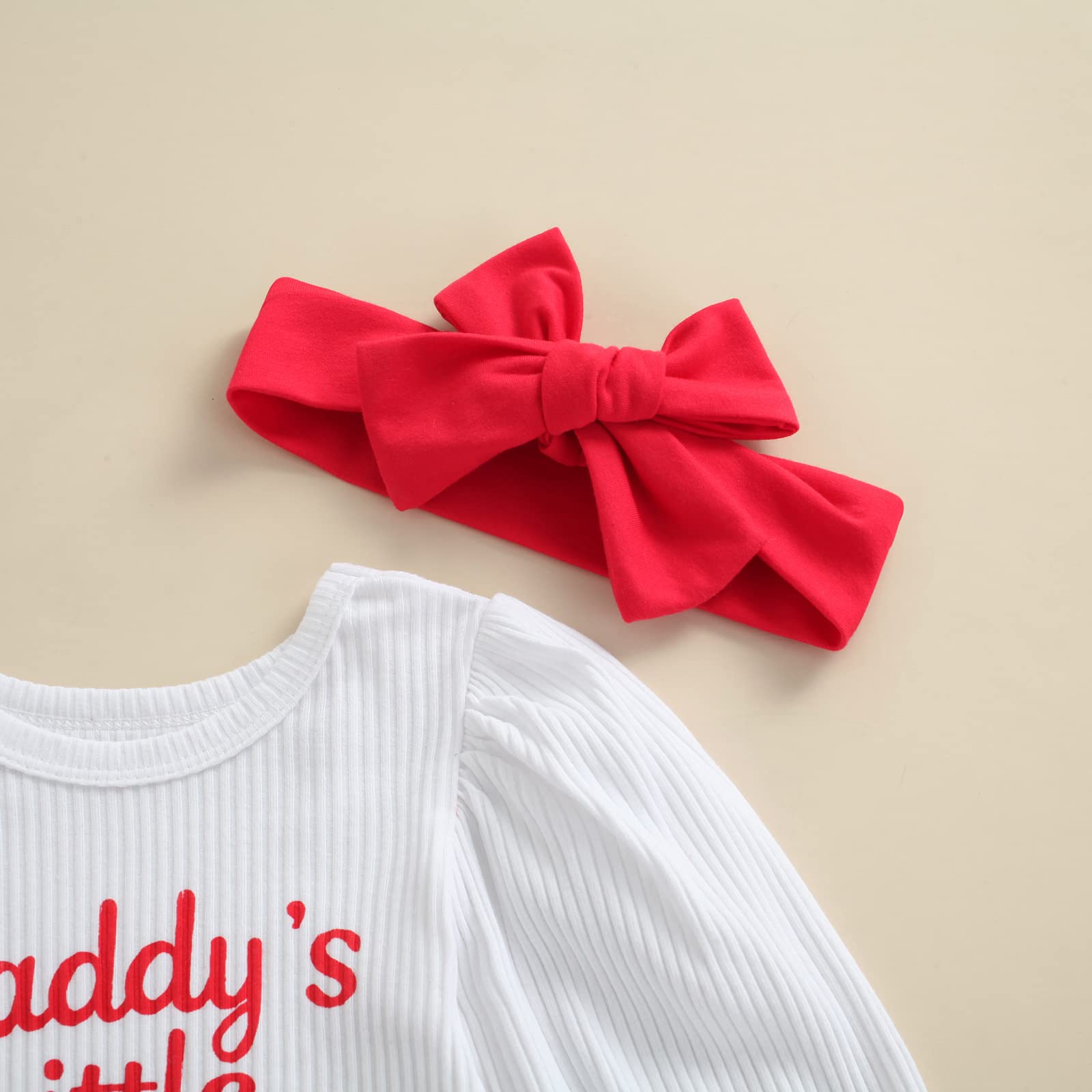 Sunwittafy Toddler Baby Girl Daddy's Little Valentine Clothes Letter Romper Puff Sleeve Romper Heart Print Flared Pants Headband