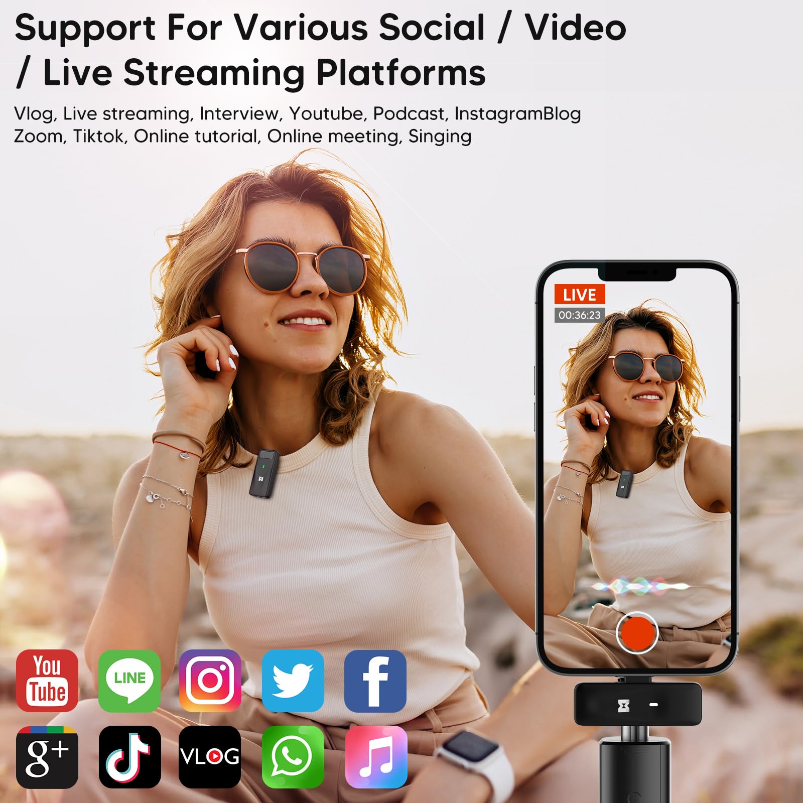 Eofilid Wireless Lavalier Microphone for iPhone iPad, 2 Pack Mini Microphone Clip on Lapel with Charging Case, 2.4G Ultra-Low Delay Transmission Wireless Mic for Video Recording Vlog Tiktok YouTube