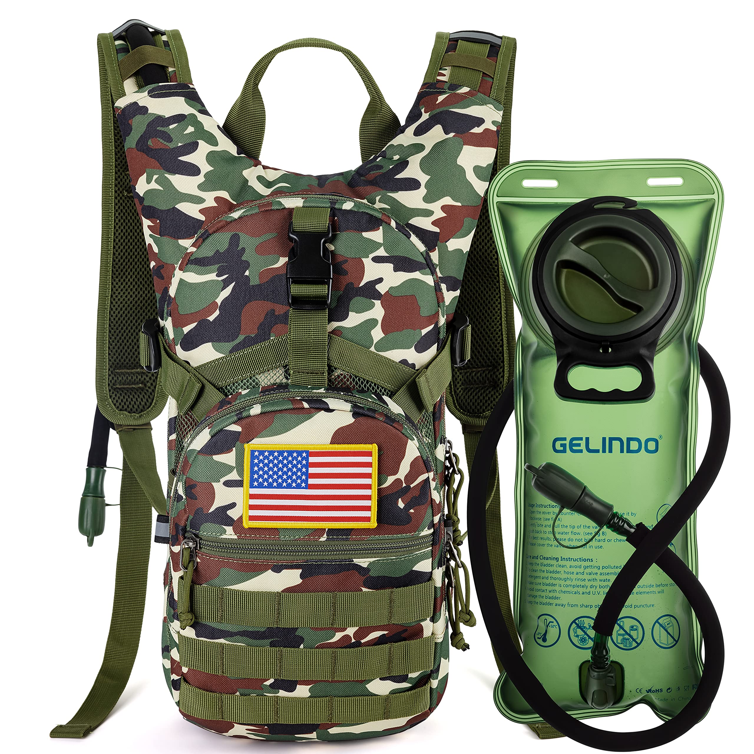 Gelindo Military Tactical Hydration Backpack with 2L Water Bladder Light Weight, MOLLE Tactical Assault Pack for Hiking Biking Running Walking Climbing Outdoor Travel