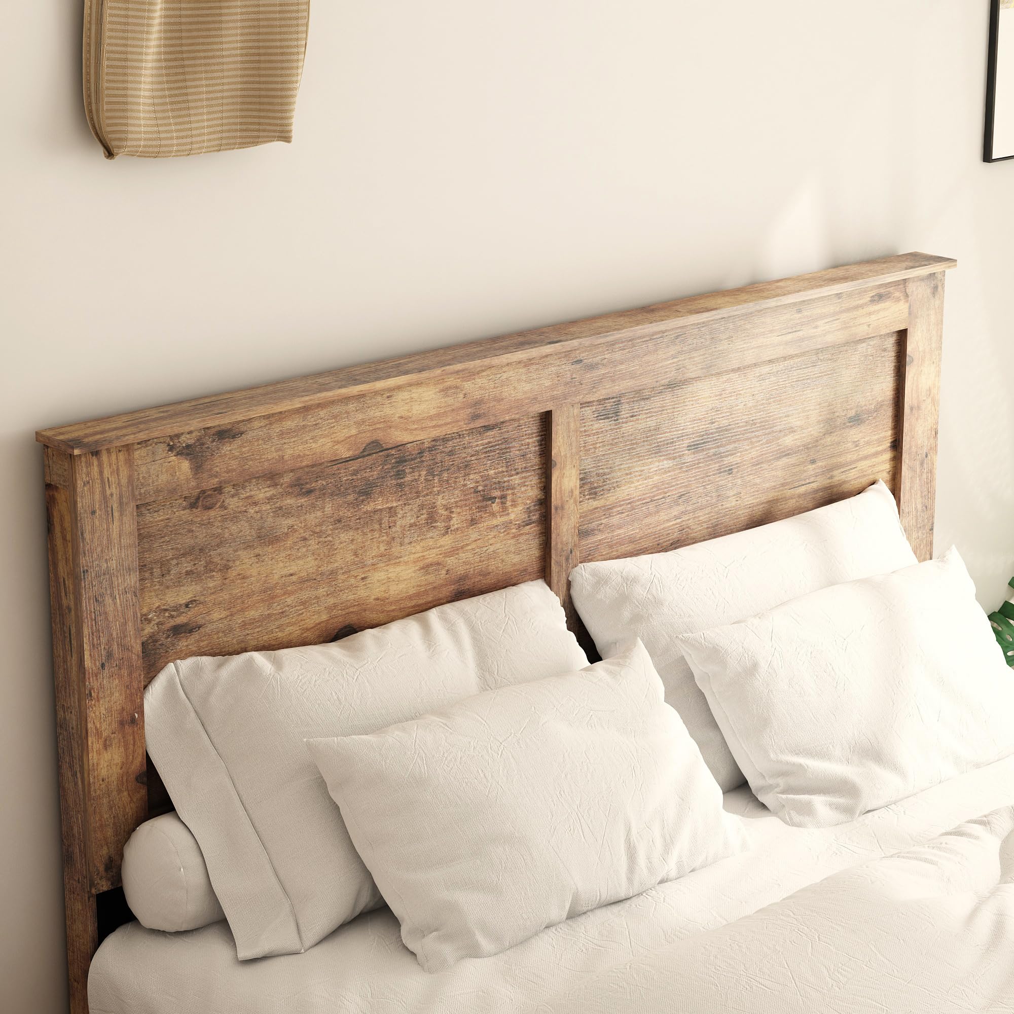 madeslves King Size Wooden Bed Frame with Headboard, Rustic Farmhouse Bedframe with Wood Slat Support, Sturdy Framework Platform Bed Frame, Easy Assembly (Rustic Brown)