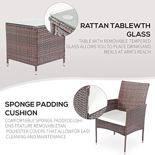 Recaceik, 2 upholstered top Dining (Brown) Patio, 3 Piece Set Outdoor Space-Saving Rattan Glass Tables and Chairs