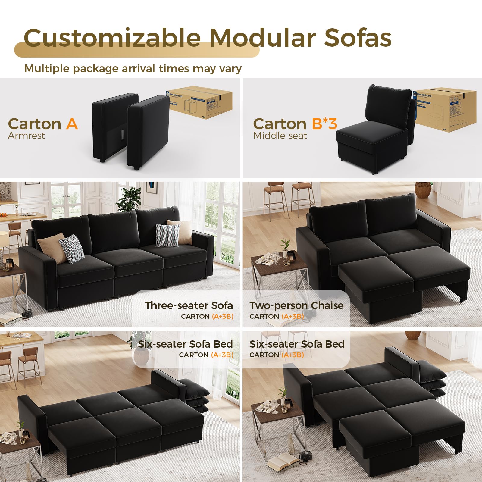 Modular Sectional Sofa, 91 Inch Comfy Sofa, 3 Seater Sofa with Storage Space, Sleeper Sofa, Cloud Couch, Modern Sofa for Living Room, Velvet, Black