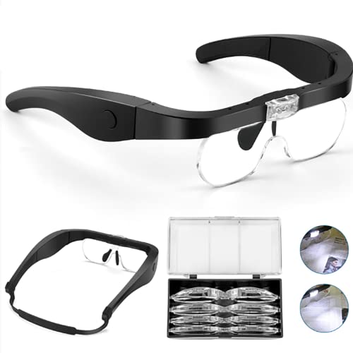 Rechargeable Headband Magnifying Glass, Hands Free Head Mount Magnifier Glasses with LED Light, 1.5X-2X-2.5X-3.5X Lighted Magnifying Headset for Close Work Reading Craft Jewelers Hobby Lash Extensions