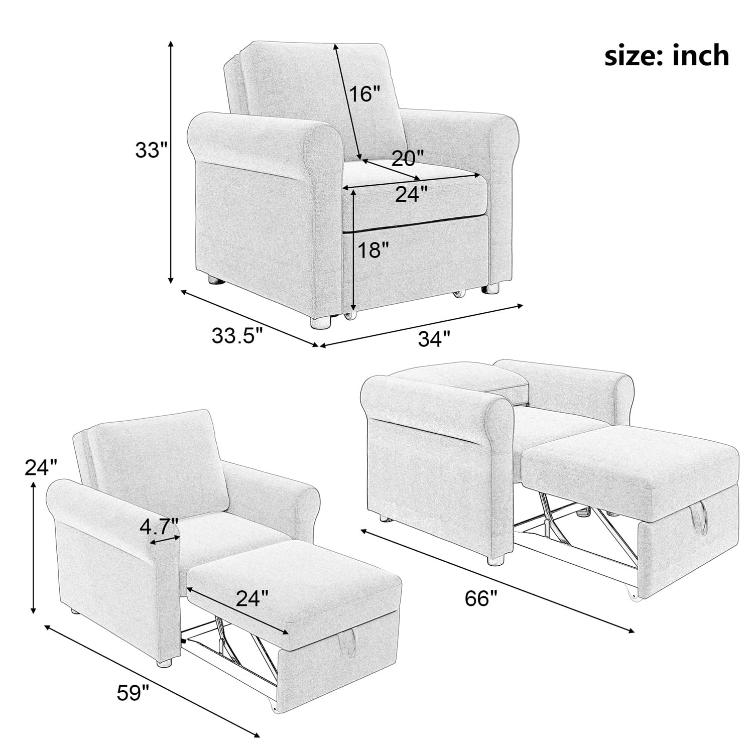 Merax 3-in-1 Sofa Bed Chair with Pillow, Convertible Sleeper Chair Bed, Adjust Backrest Into a Sofa, Single Bed, Modern Chair Bed for Living Room Bedroom, White