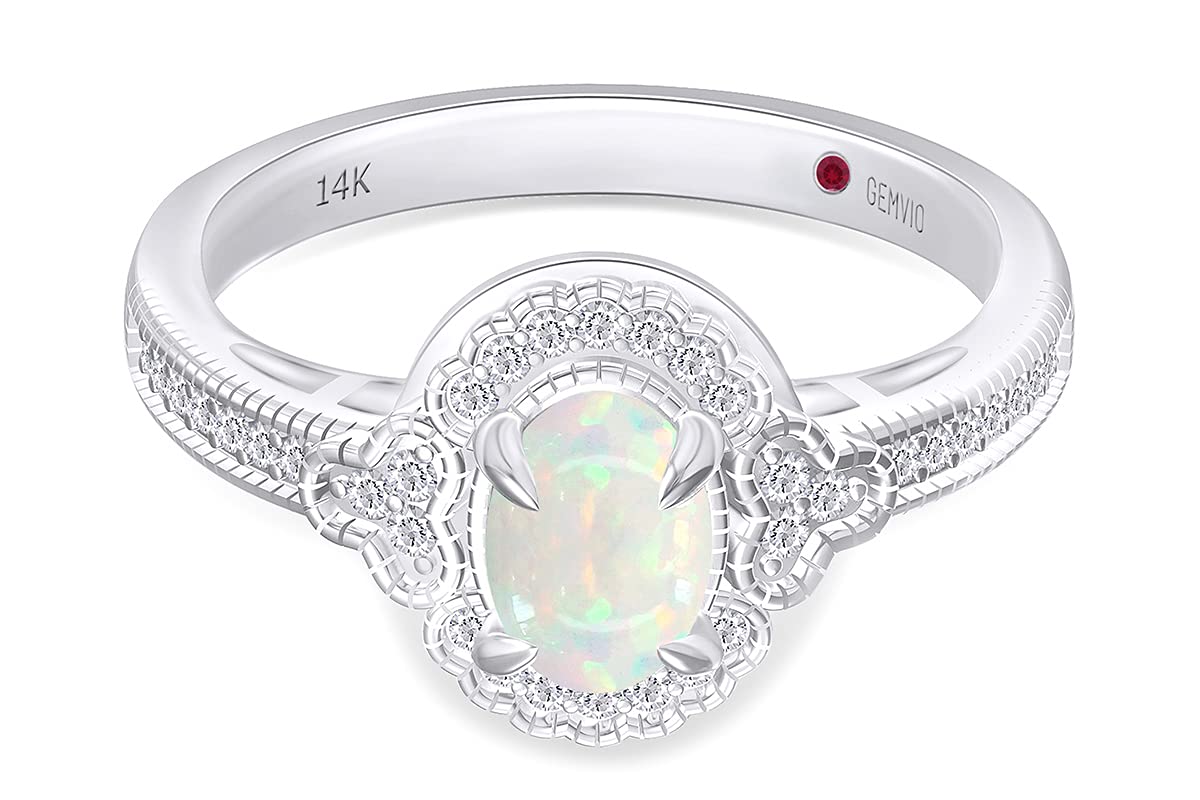 Gemvio Collection 3/4 CT 7X5MM Oval Cut Natural White Opal Gemstone With Diamond Frame Vintage-Style Ring In 14K Solid White Gold Engagement Wedding Ring (0.75Cttw)-8