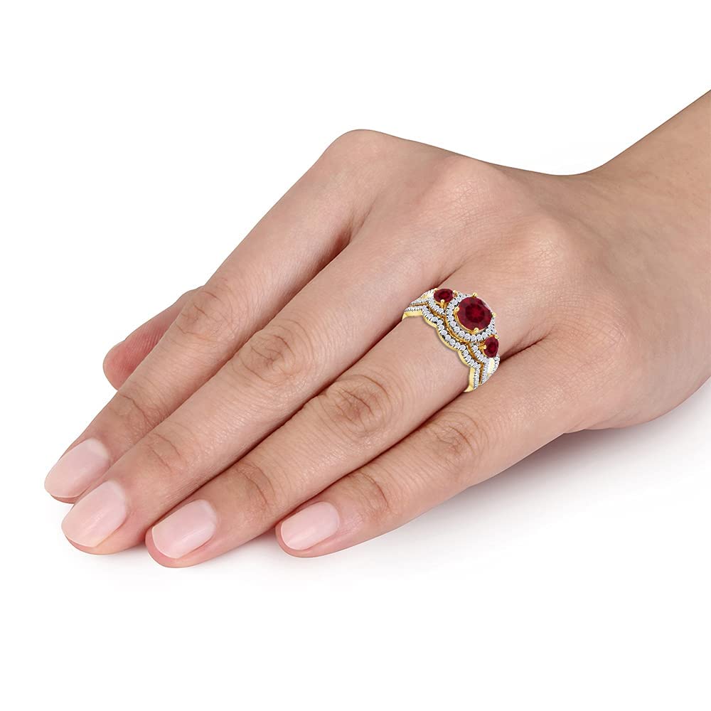 GEMVIO Collection Three Stone Ring, Round Cut Lab Created Ruby Gemstone & Natural Diamond Halo Bridal Set Engagement Ring In 14K Yellow Gold Over Sterling Silver Wedding Band Ring-8
